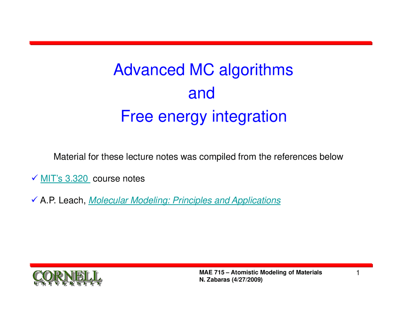Advanced Mc Algorithms And Free Energy Integration Advanced Mc