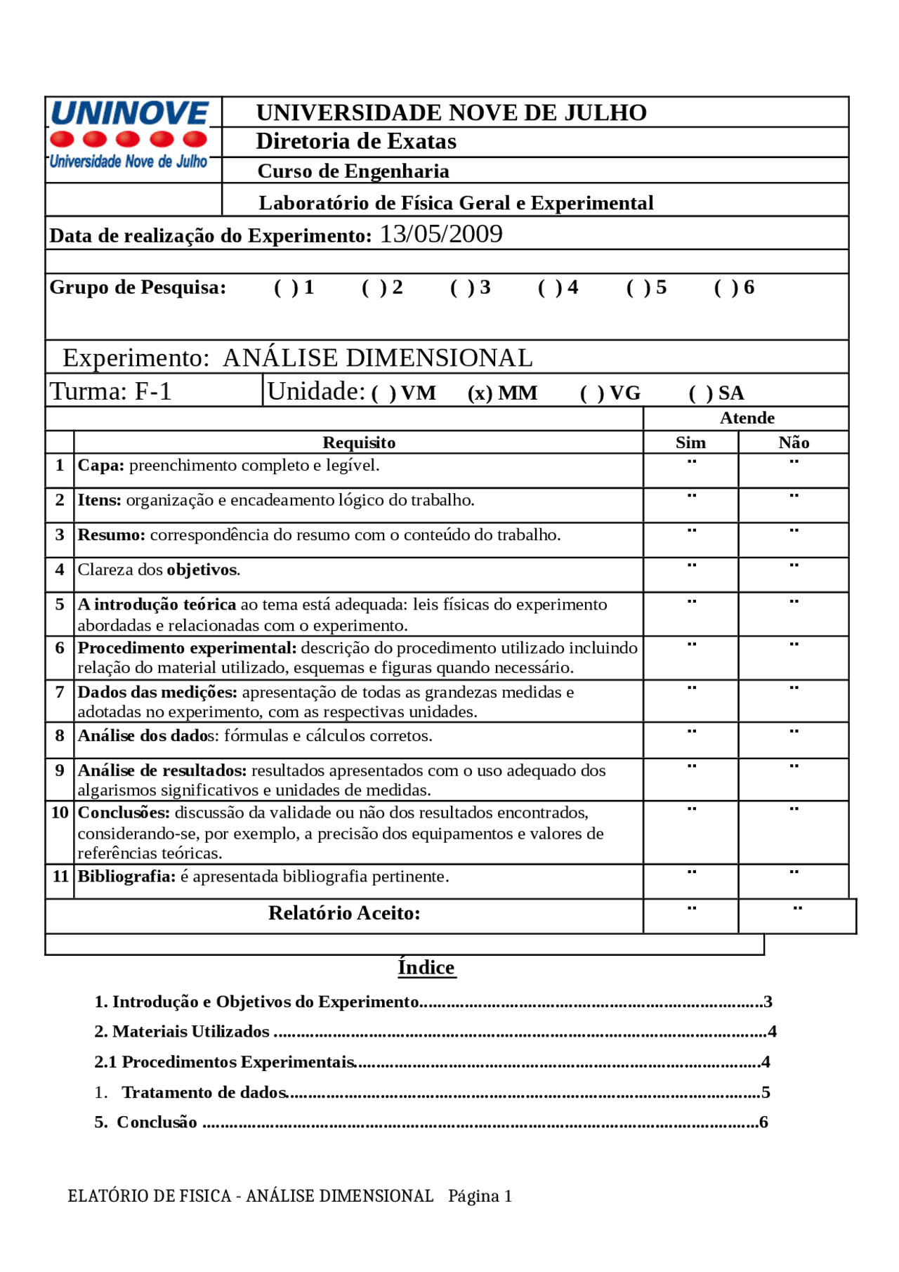 Relatório de Fisica - Analise Dimencional - Relatório de Fisica em ...