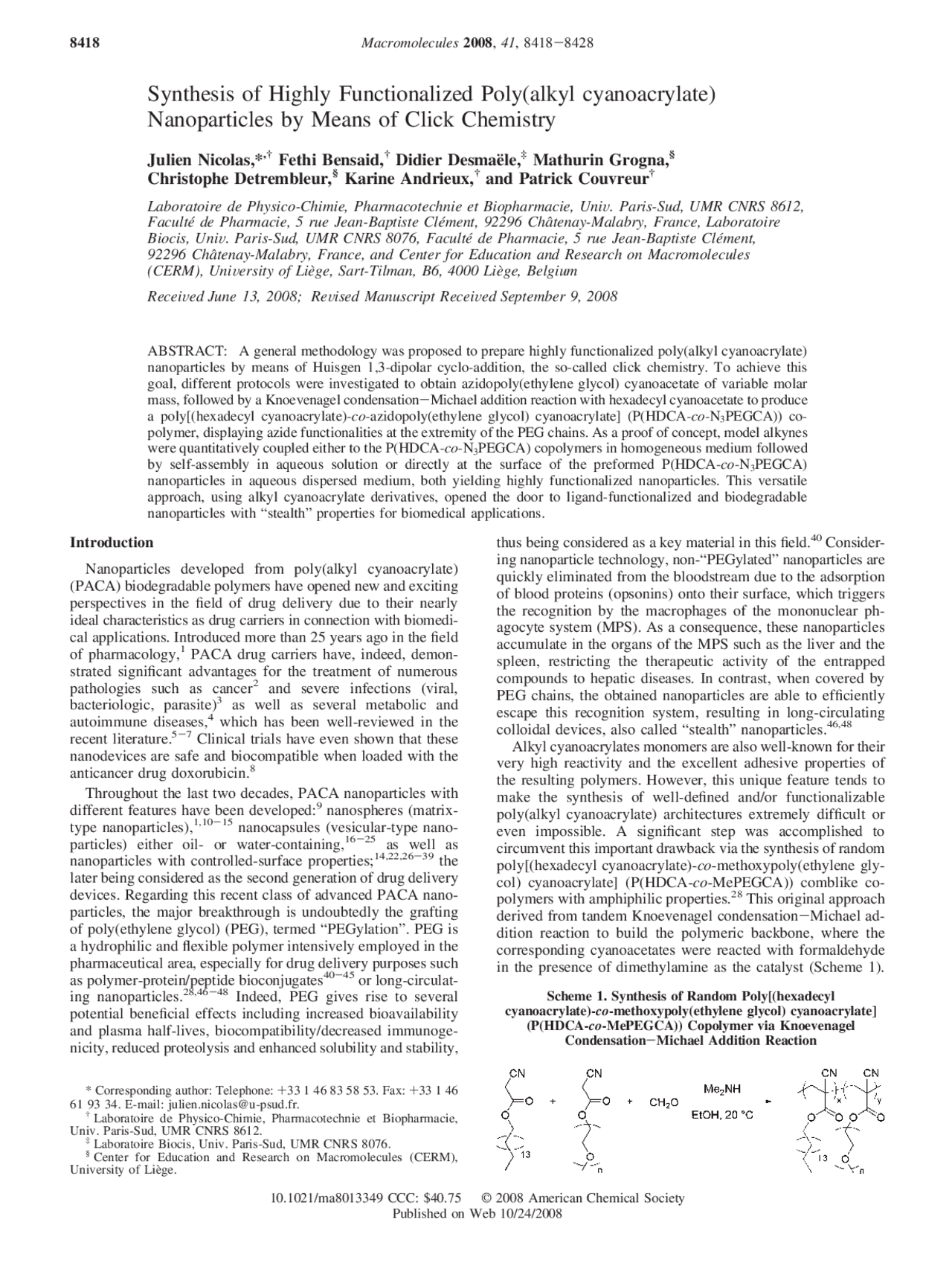 Synthesis of Highly Functionalized Poly (alkyl cyanoacrylate ...