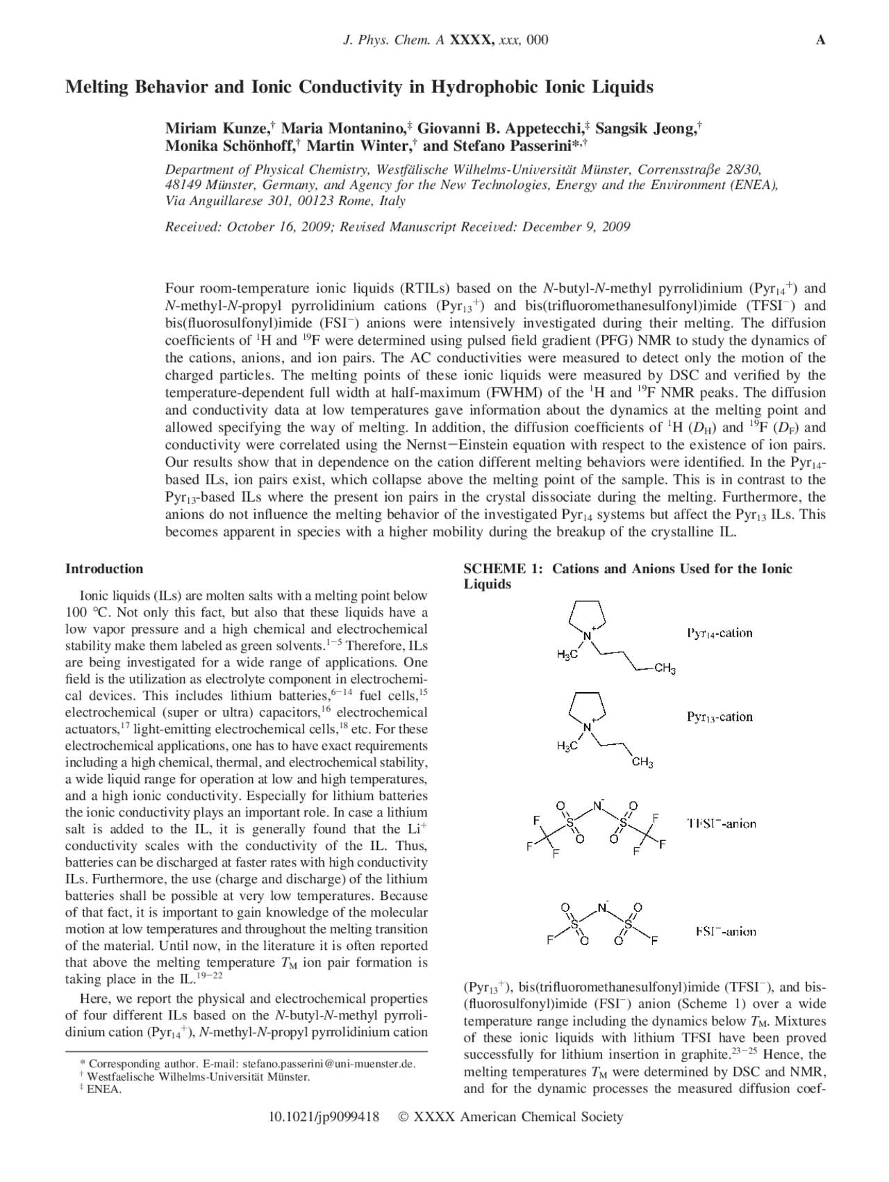 Melting Behavior And Ionic Conductivity In Hydrophobic Ionic Liquids