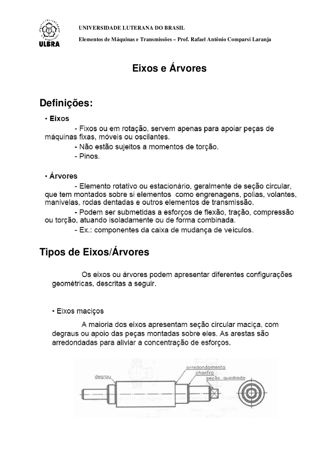 Eixo Árvore - Elementos de mecânica por Prof. Rafael Antônio Comparsi Laranja - Docsity