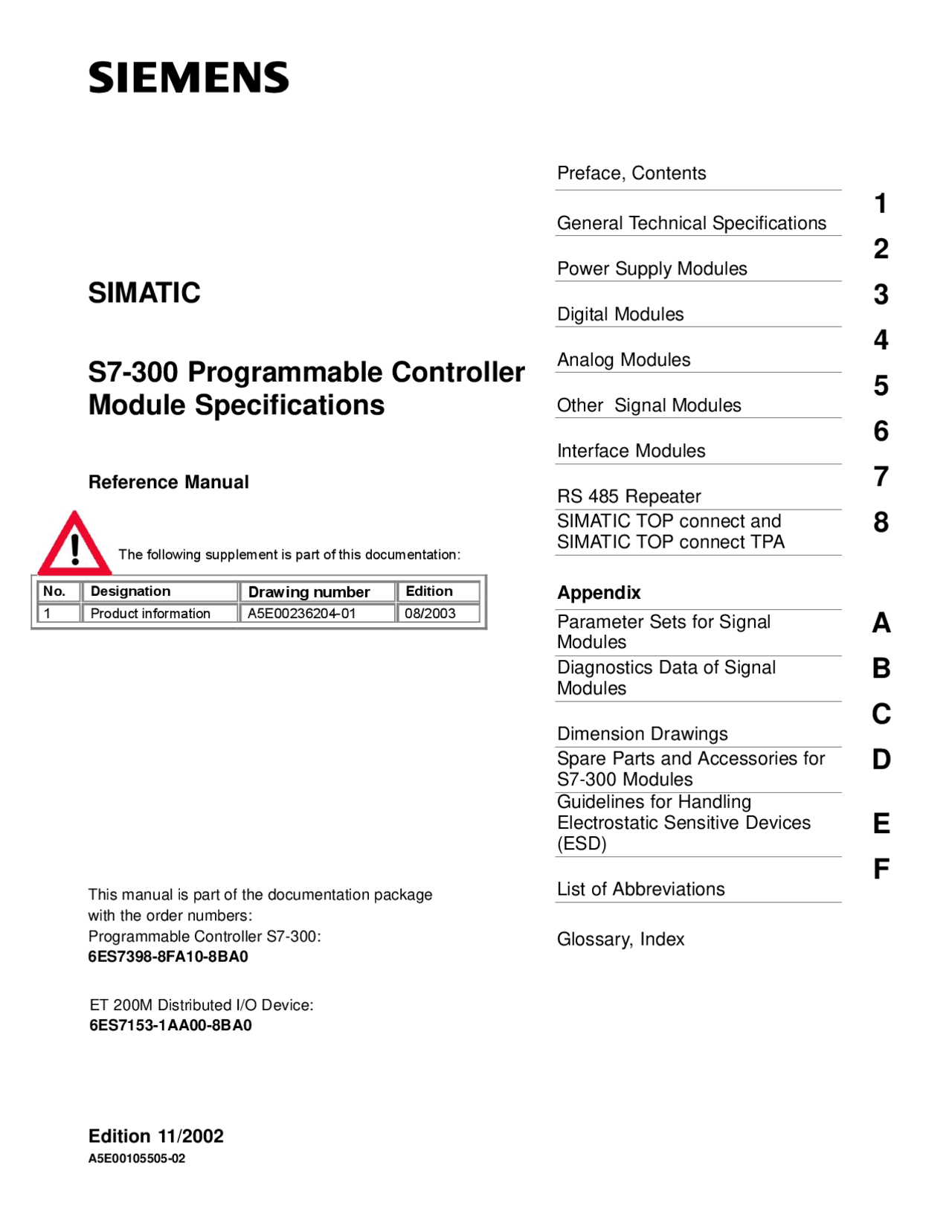 SIMATIC S7-300 Programmable Controller Module Specifications - General ...