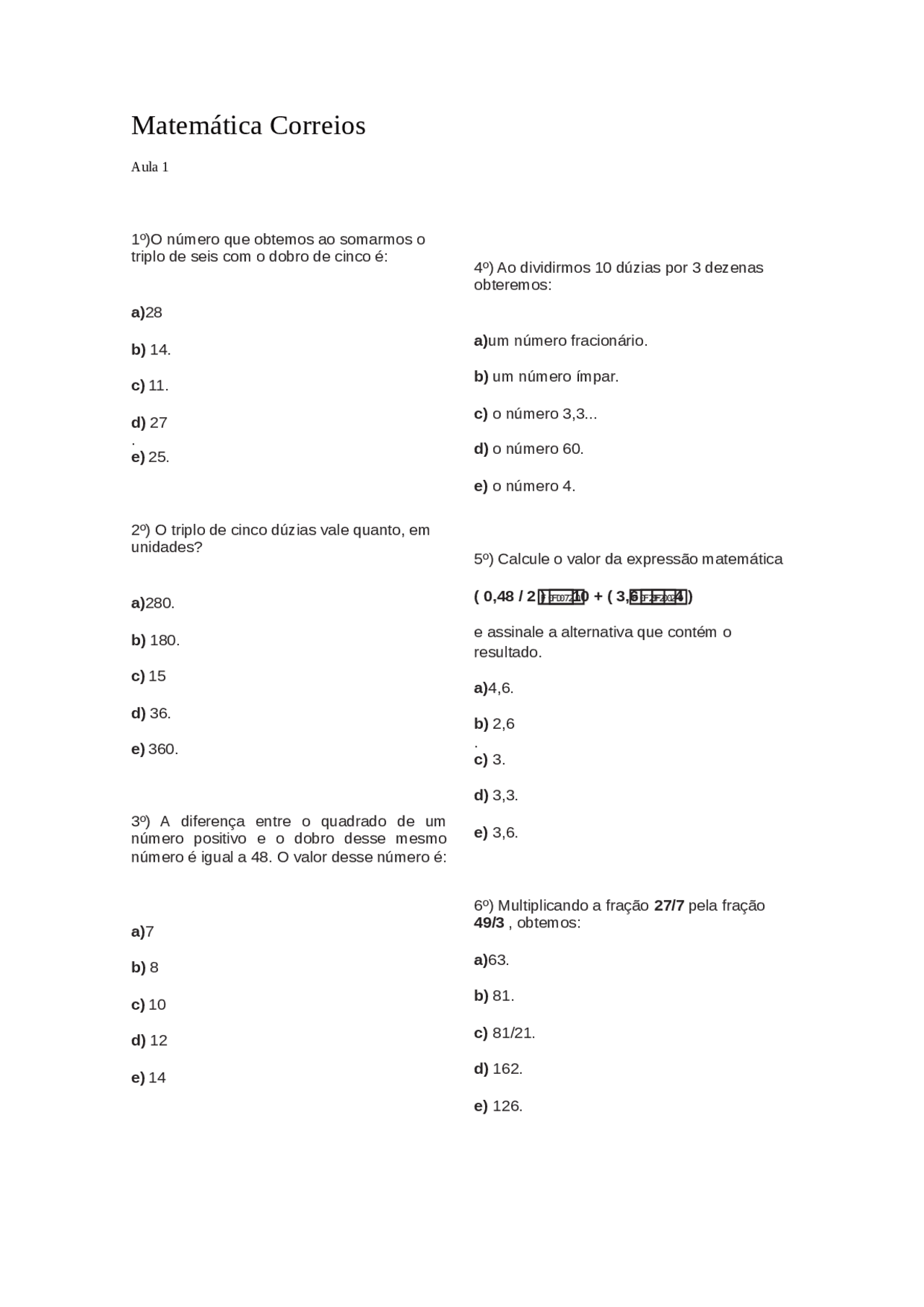 Exercícios de Matemática, aula 1 - Lista de exercícios de Matemática ...