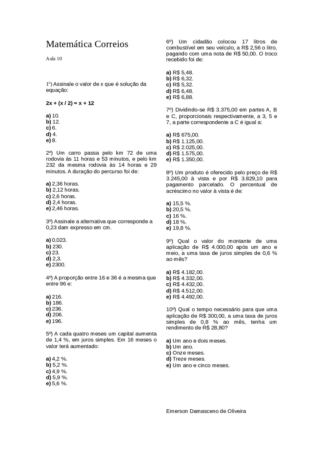 Lista de exercícios de Matemática, aula 10 - Lista de exercícios de ...