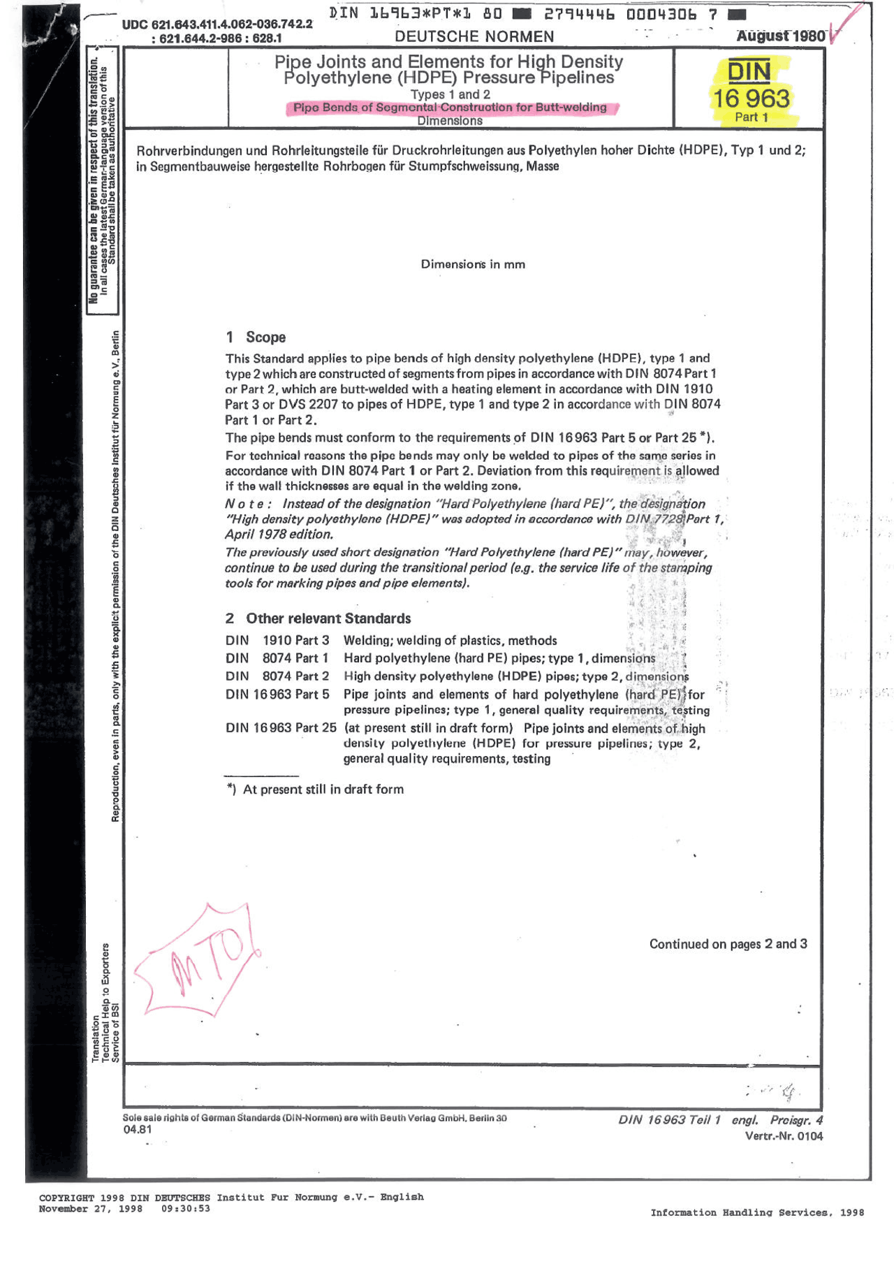 DIN 16963 - Part 1 - Pipe joints and elements for HDPE pipeline - Docsity