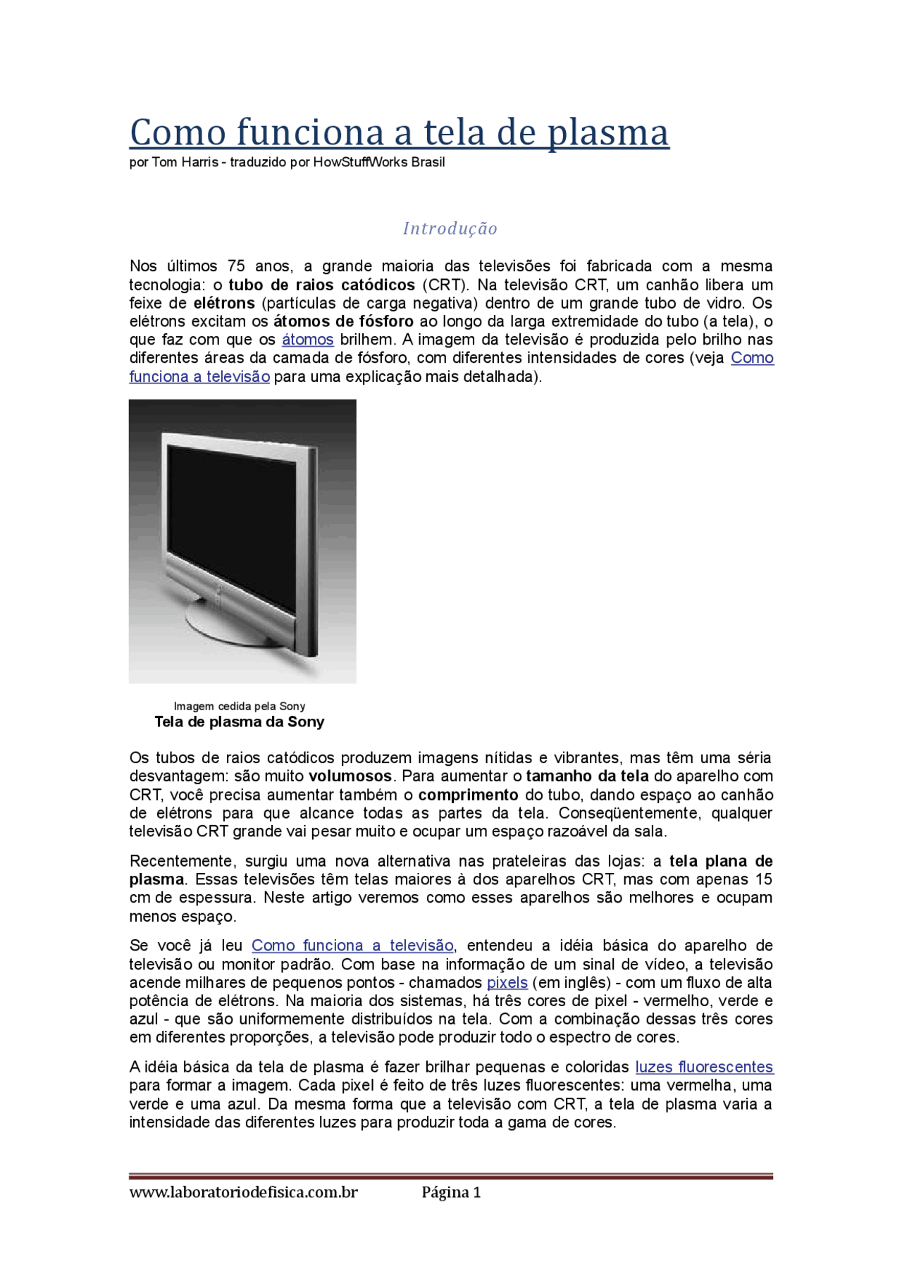 Televisao de plasma - entenda fisicamente sua tv | Docsity