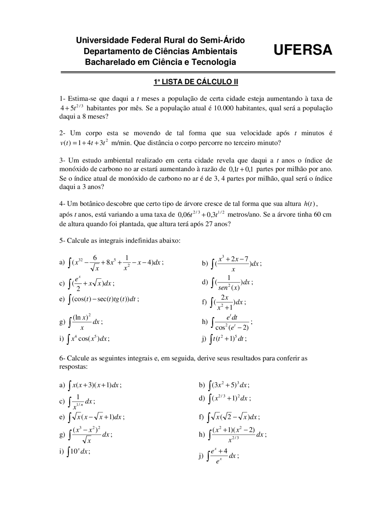 Lista Exercícios Calculo Ii Lista De Exercícios Calculo Vol 2 Docsity