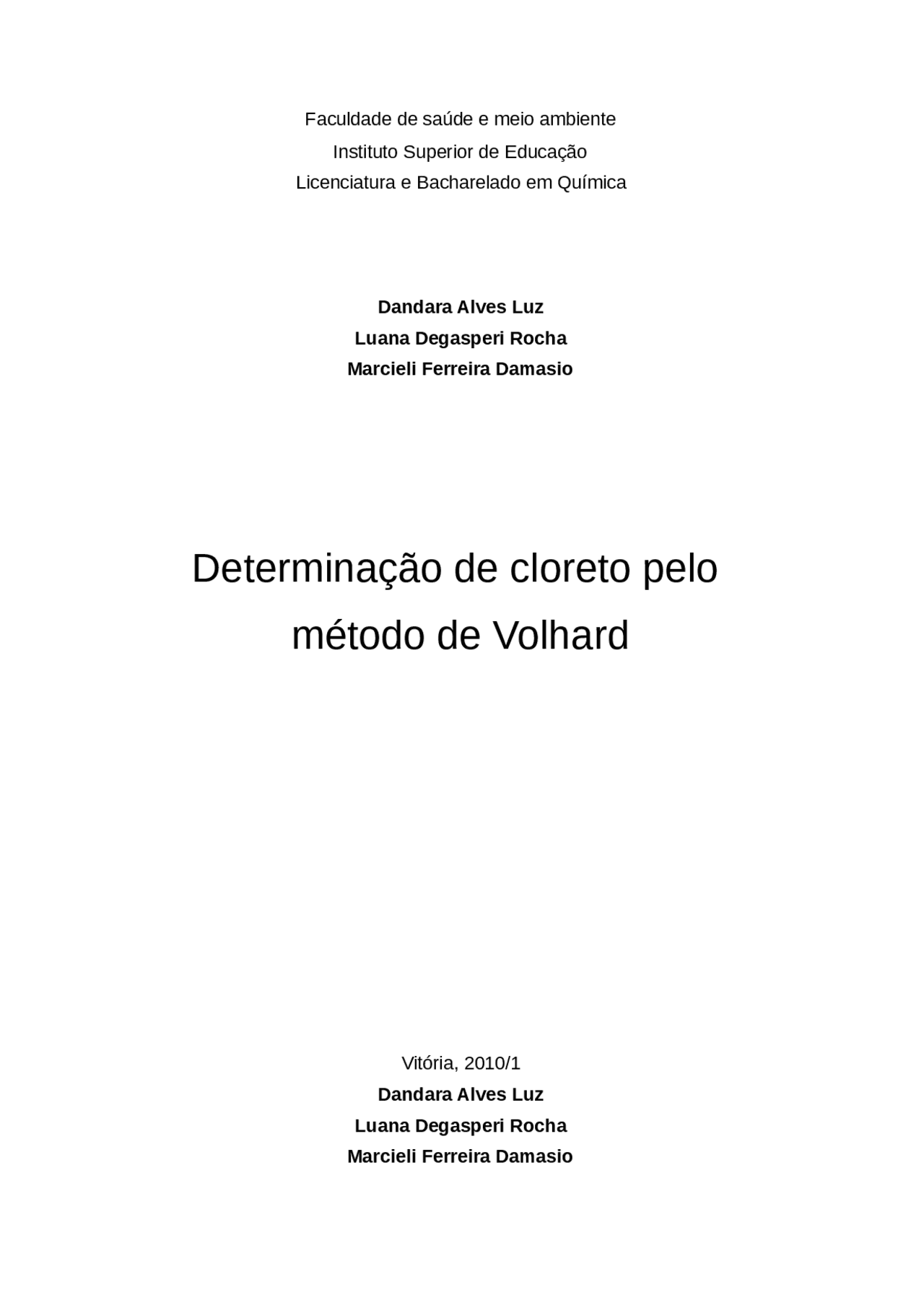 Determinação De Cloreto Pelo Método De Volhard Determinar A