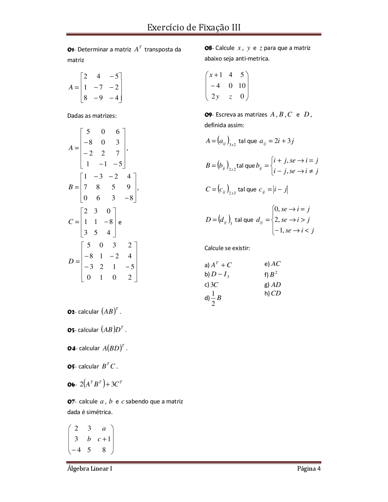 Exercício De Fixação 3 Algebra Linear Matrizes Matrizes Docsity