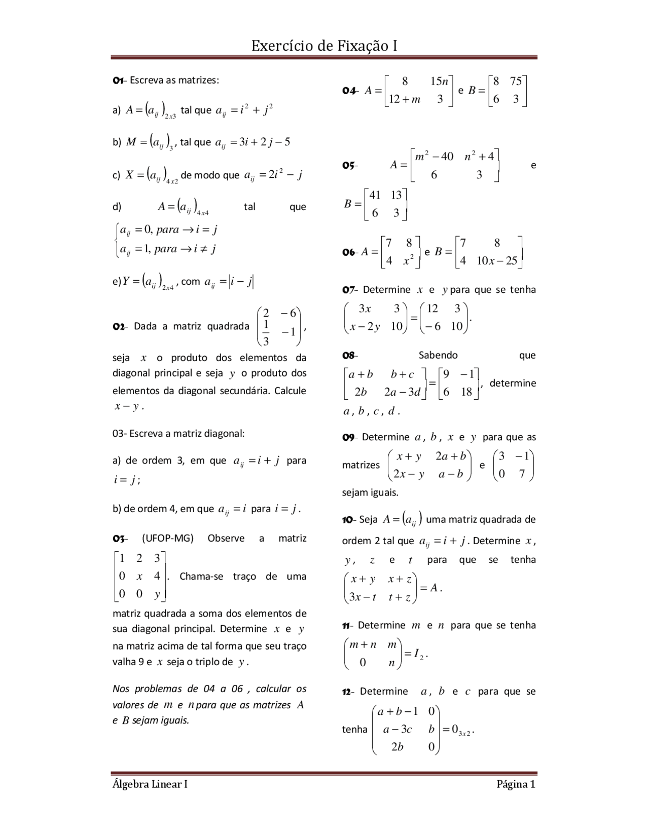 Exercício De Fixação Algebra Linear Matrizes Matrizes Docsity
