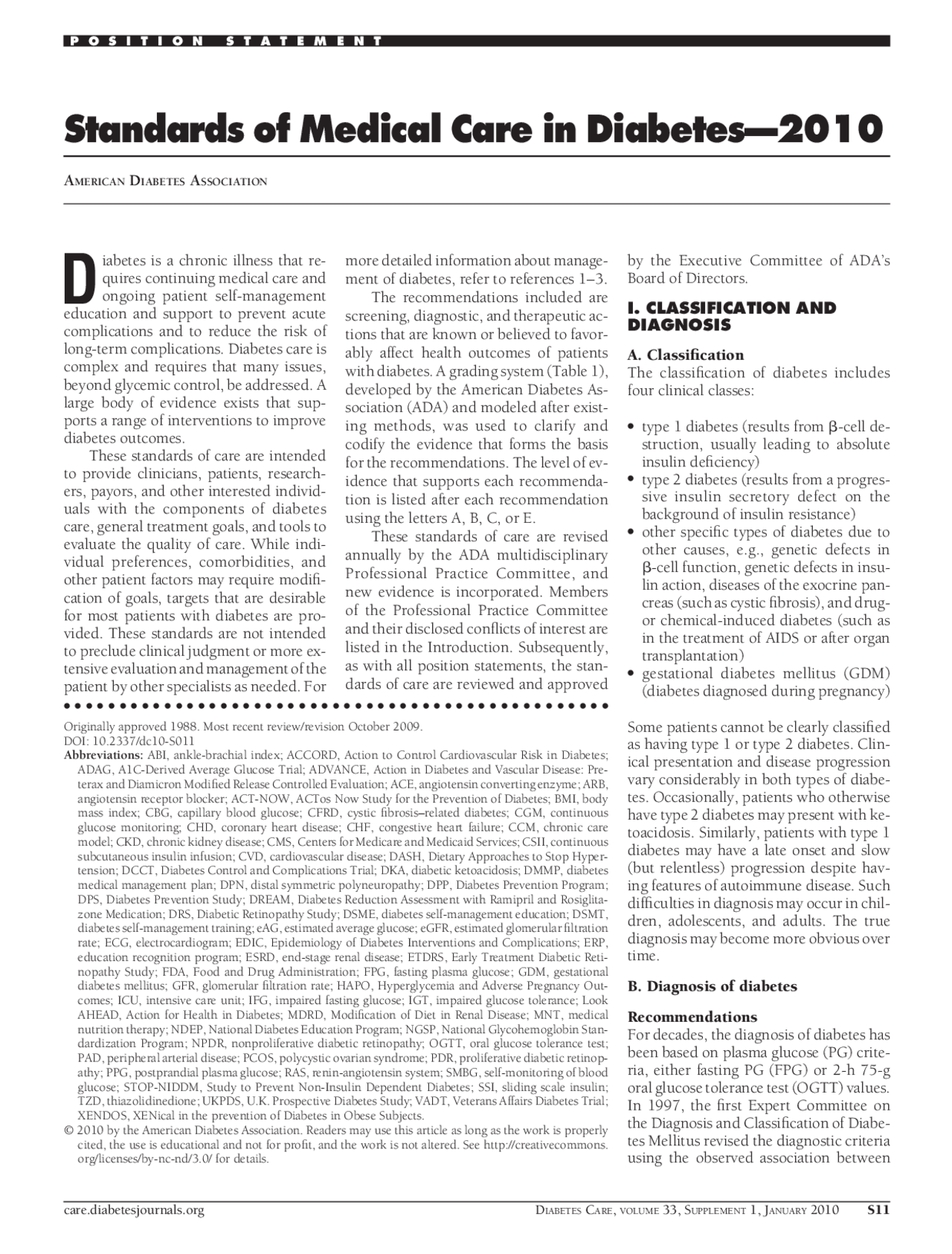 Standards of Medical Care in Diabetes?2010 - POSITION STATEMENT ...