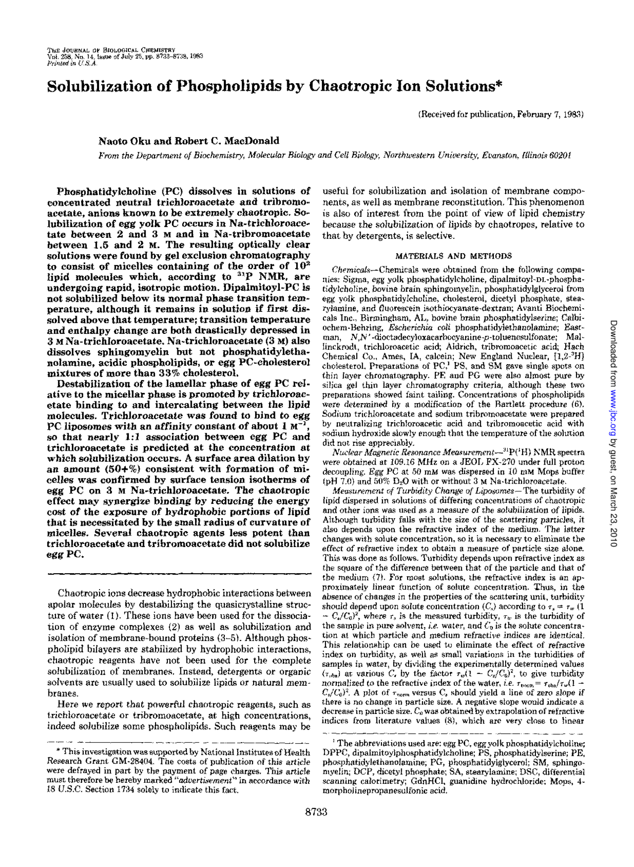 Solubilization of Phospholipids by Chaotropic Ion Solutions ...