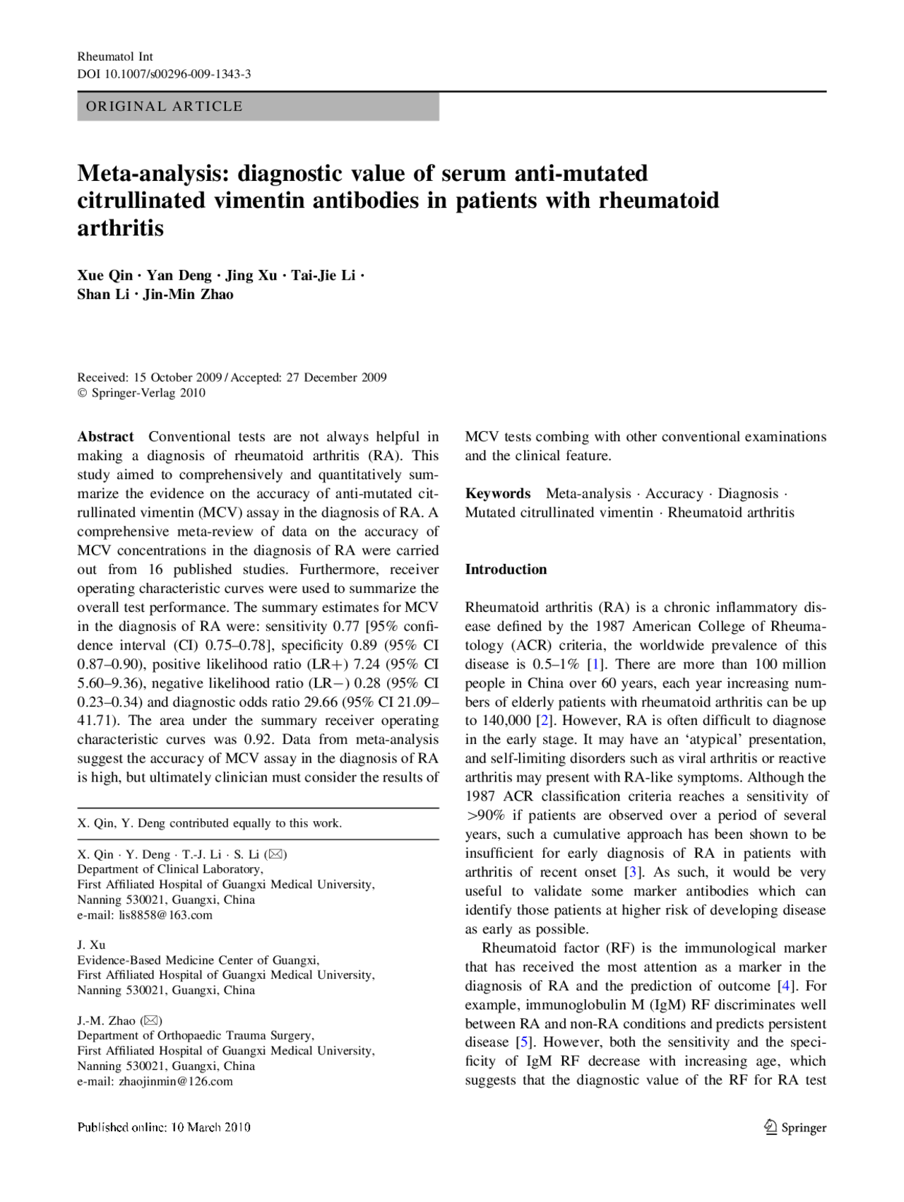 Meta-analysis: diagnostic value of serum anti-mutated citrullinated ...
