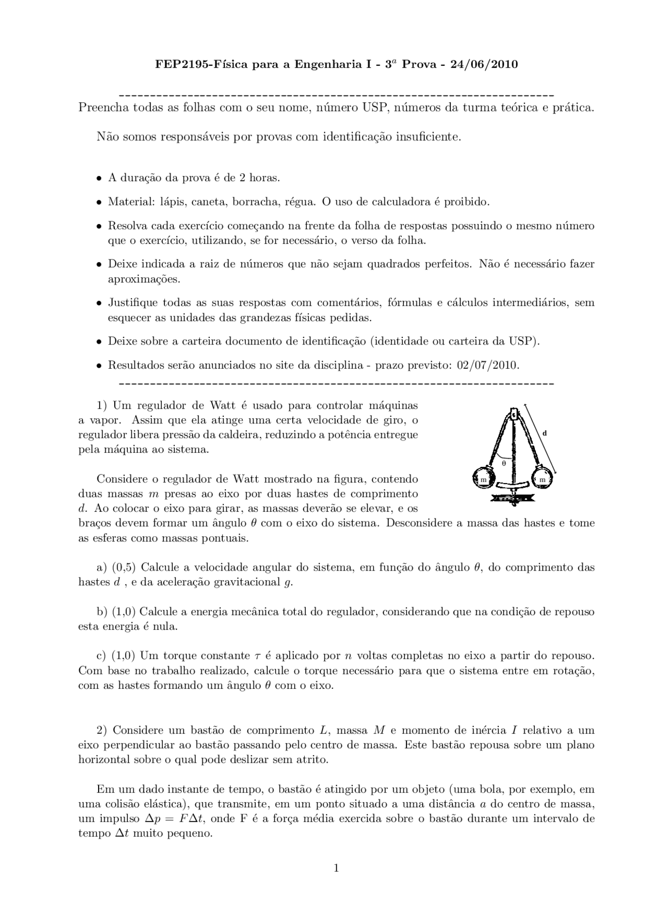 Prova P3 FEP2195 2010 - Prova P3 - Prova P3 - Docsity