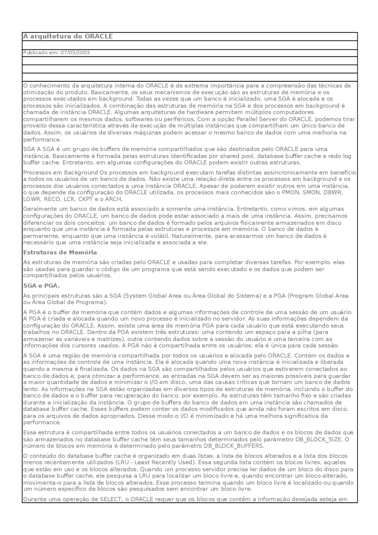 Arquitetura Do Oracle Arquitetura Do Oracle Docsity