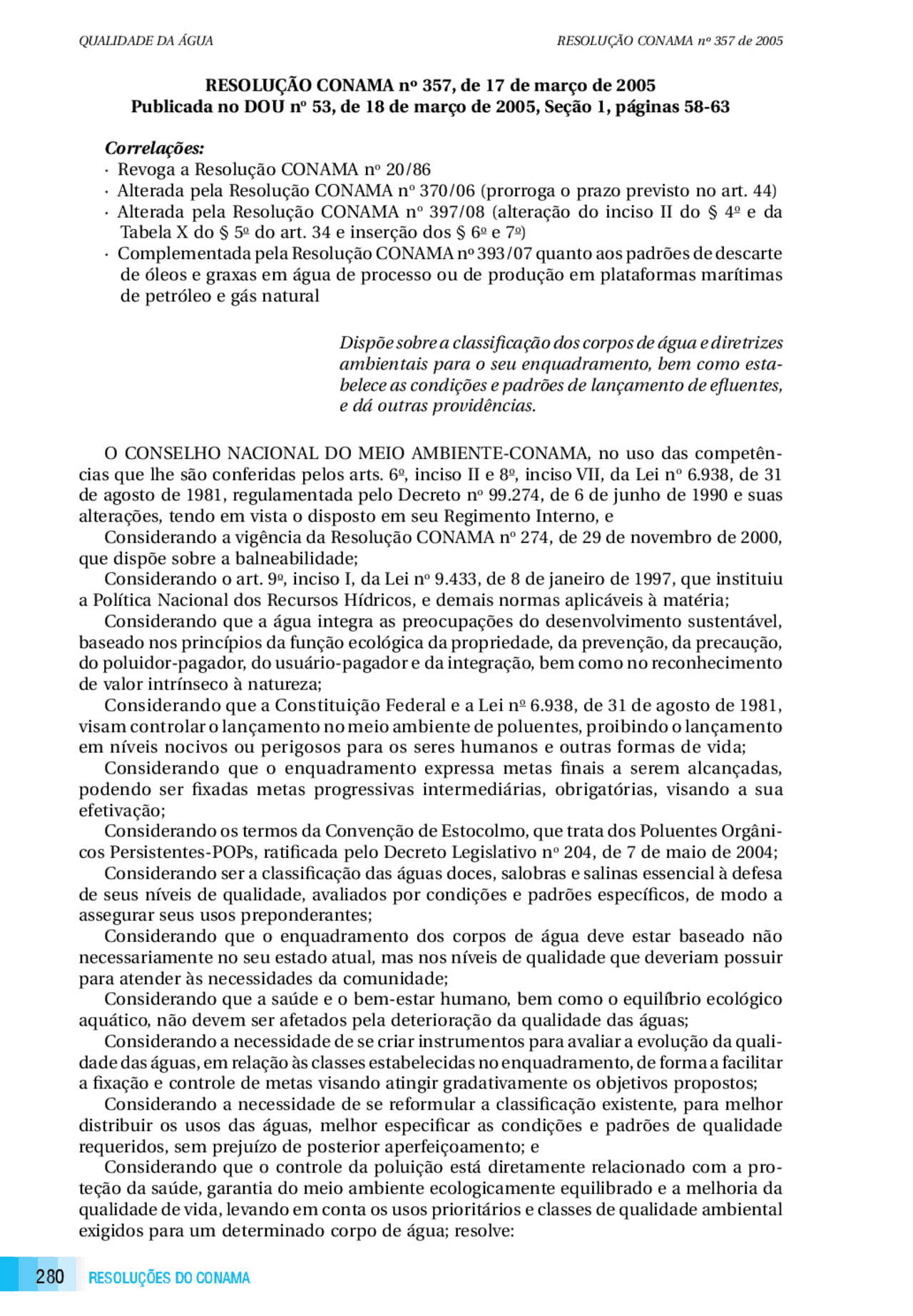 Conama 357 de 2005 - Resolução CONAMA 357 de 2005 - Docsity
