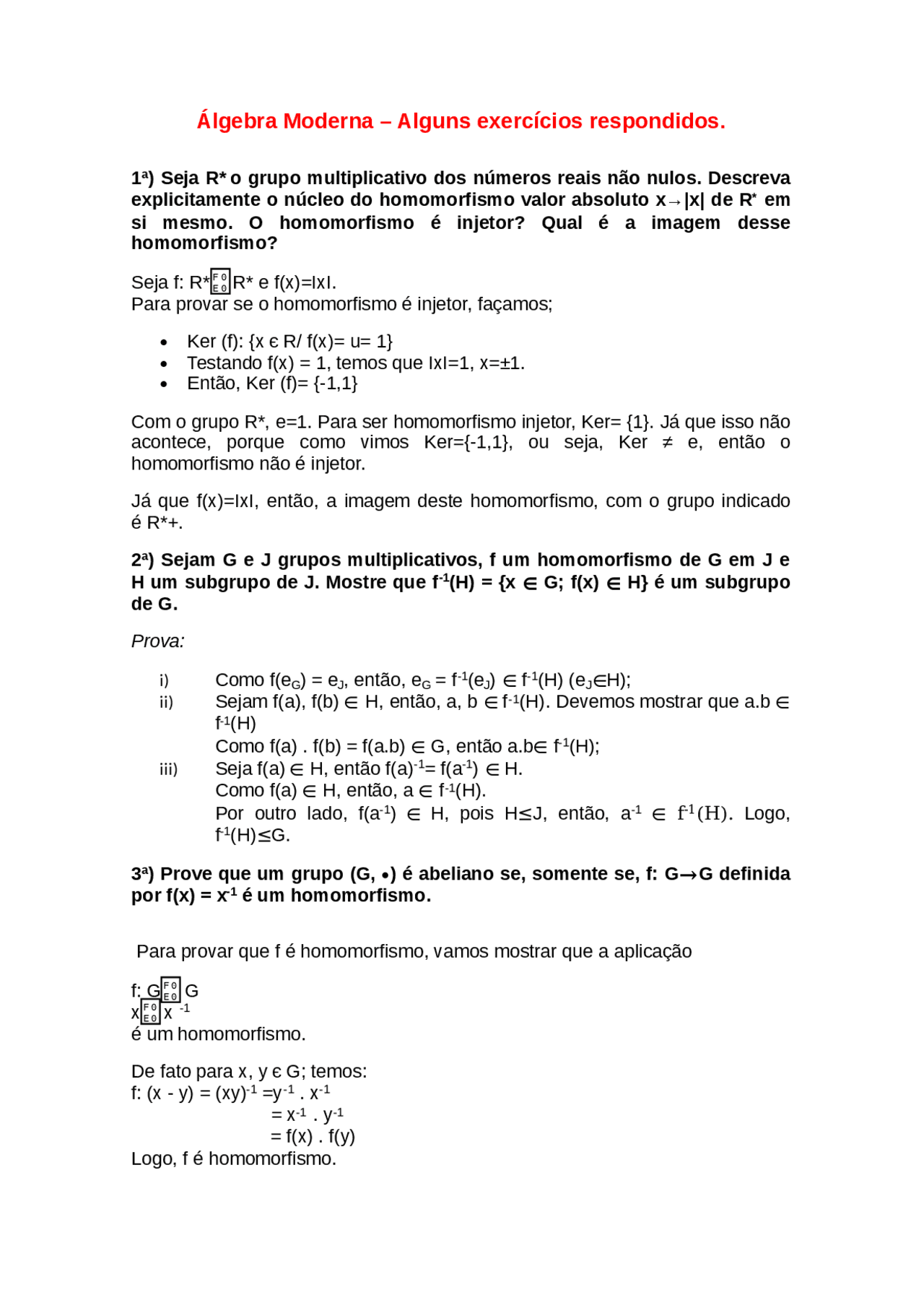 Algebra - resposta de exercicios - Algumas respostas de exercicios de ...