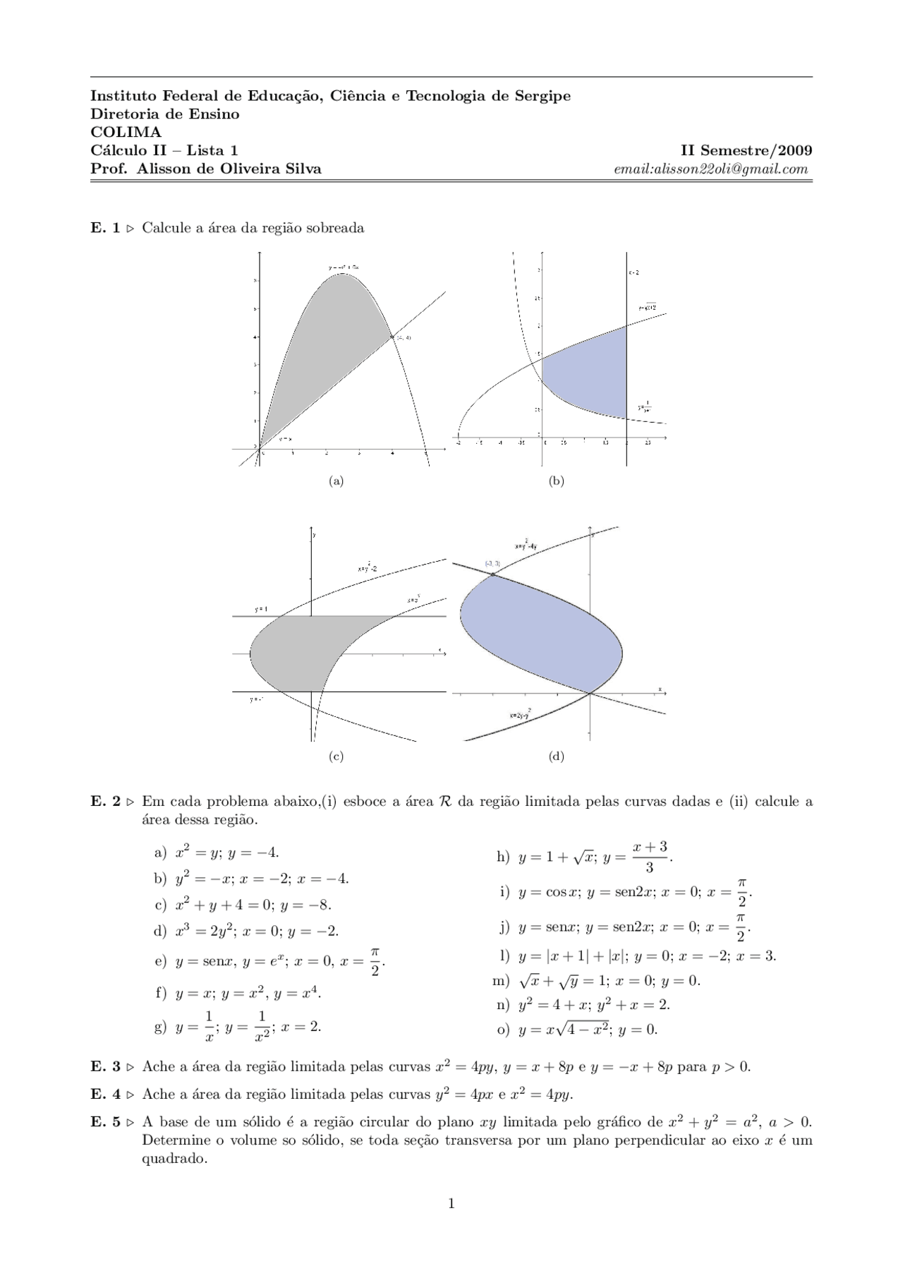 Calculo II lista1 - Exercicios de calculo 2 - Docsity