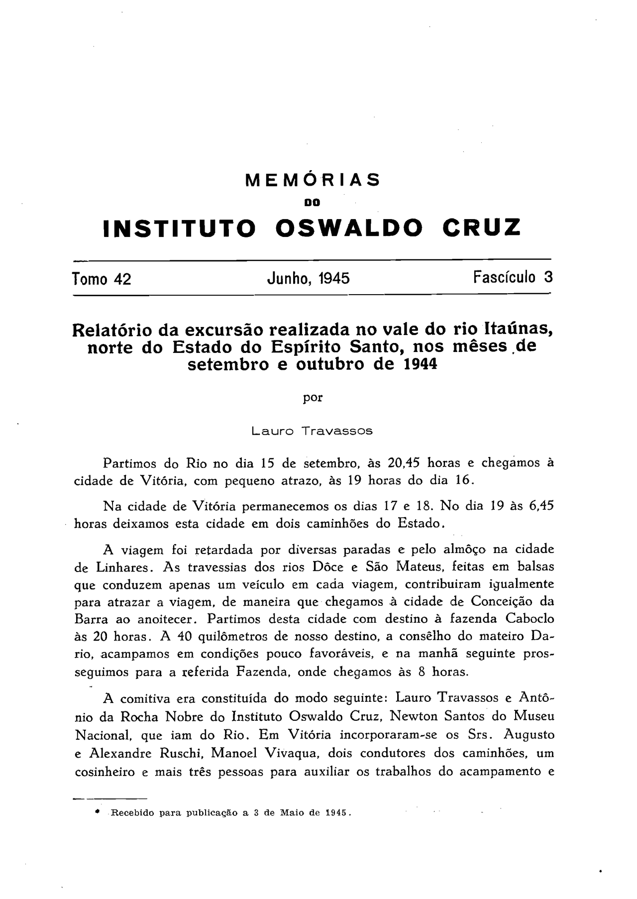 Memórias do Instituto Oswaldo Cruz - 1944 - Relatório de Excursão ...