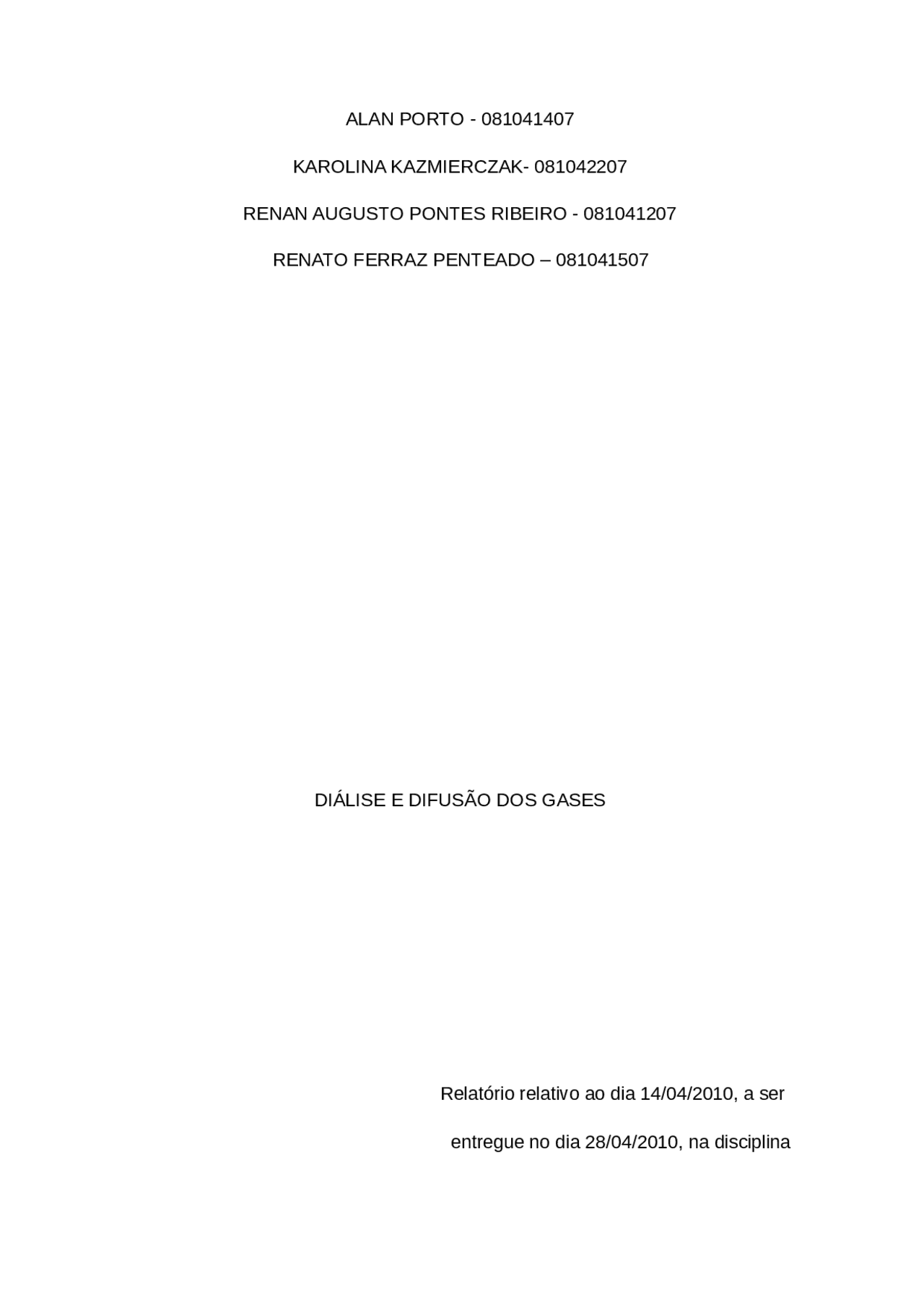Difusao e Efusao dos Gases - Relatorio Difusao e Efusao de Gases - Docsity