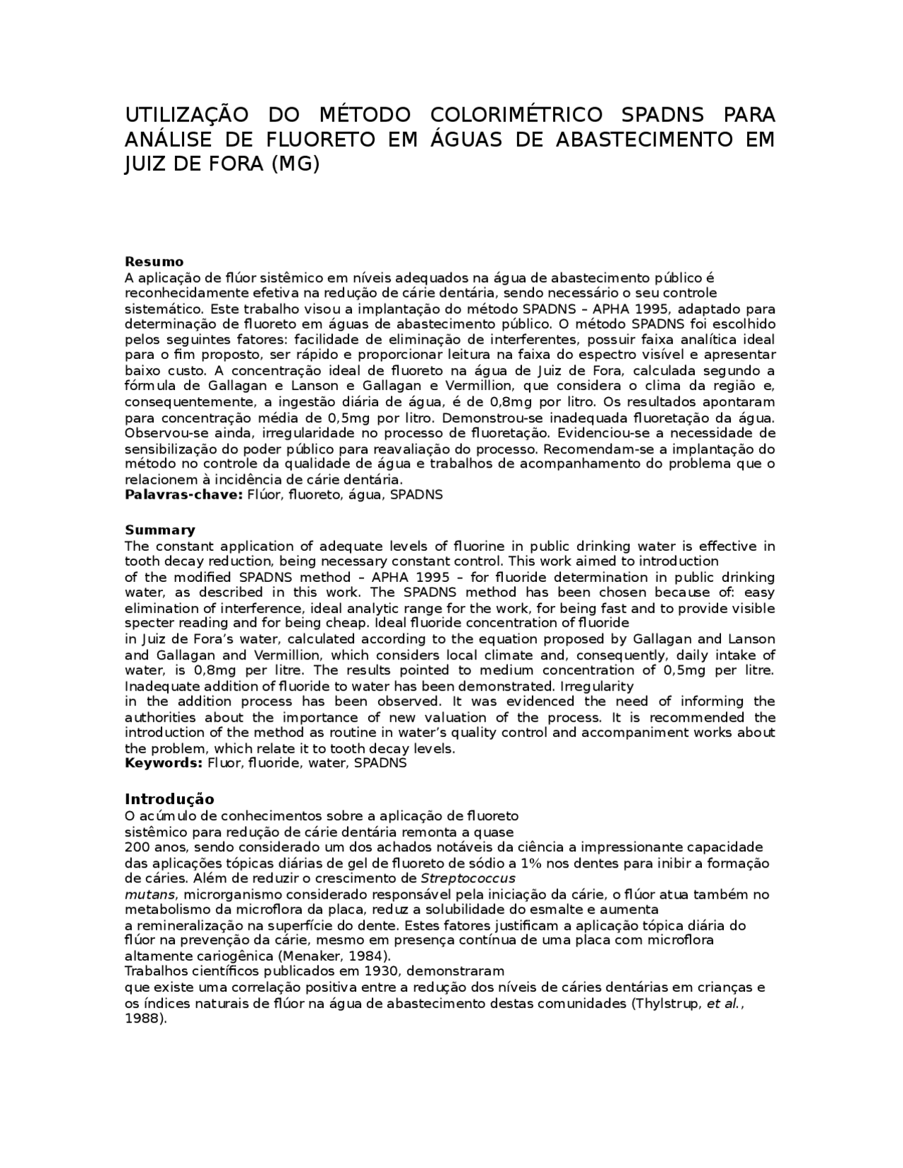 Método colorimétrico spadns para análise de fluoreto em águas em MG ...