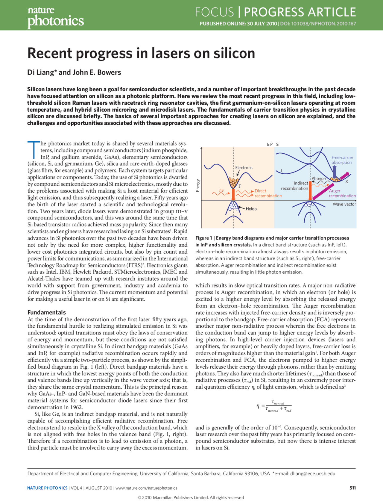 Recent Progress In Lasers On Silicon Recent Progress In Lasers On