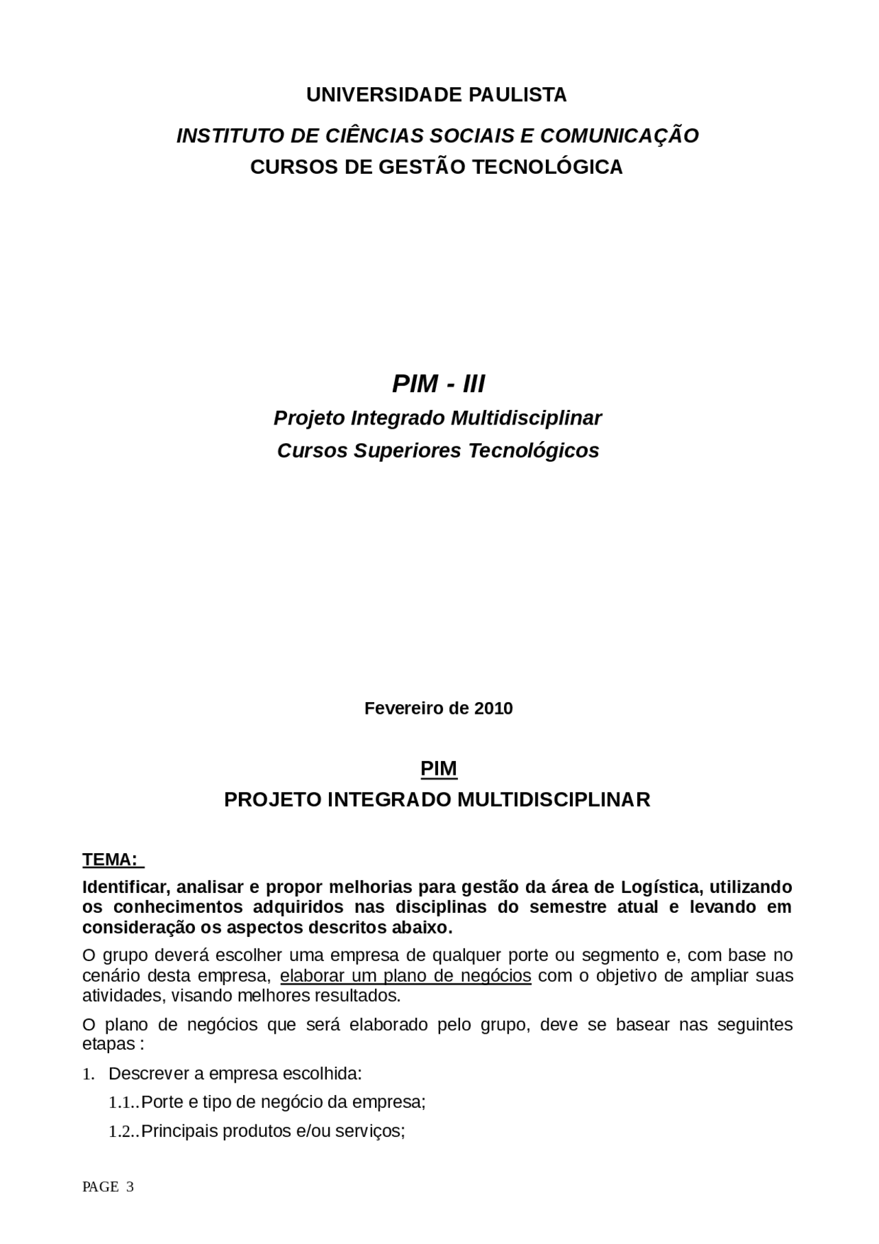 Pim Iii Logistica 2010 Pim Projeto Integrado Multidisciplinar Tema