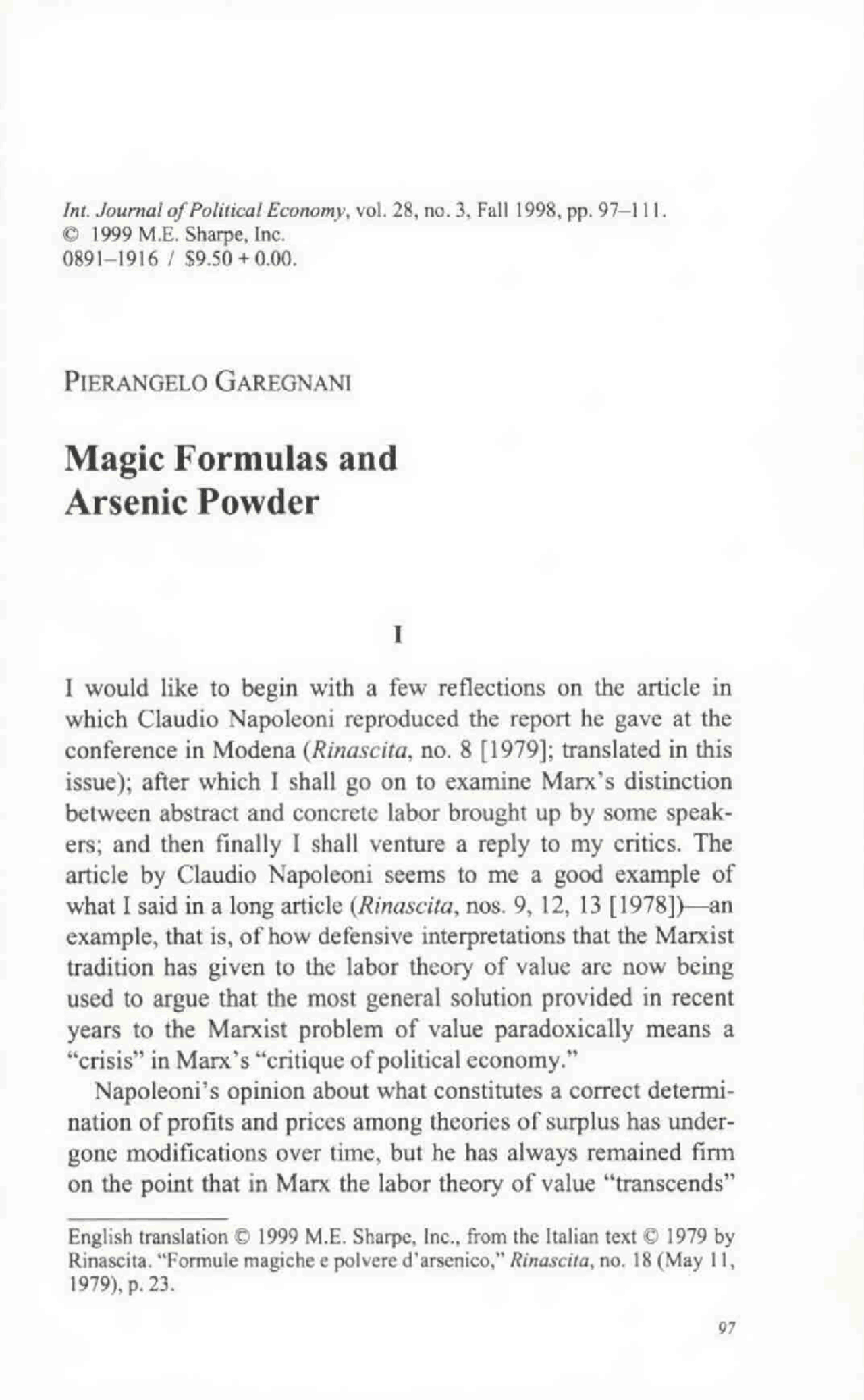 Garegnani (Magic Formulas and Arsenic Powder, valor trabalho em Marx ...