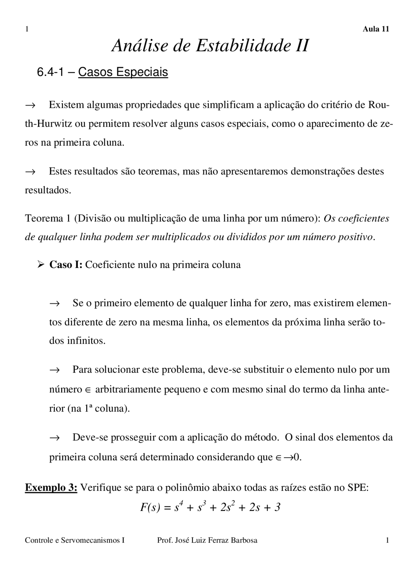 Aula 11 - Analise de Estabilidade II - TEORIA DE CONTROLE - Docsity