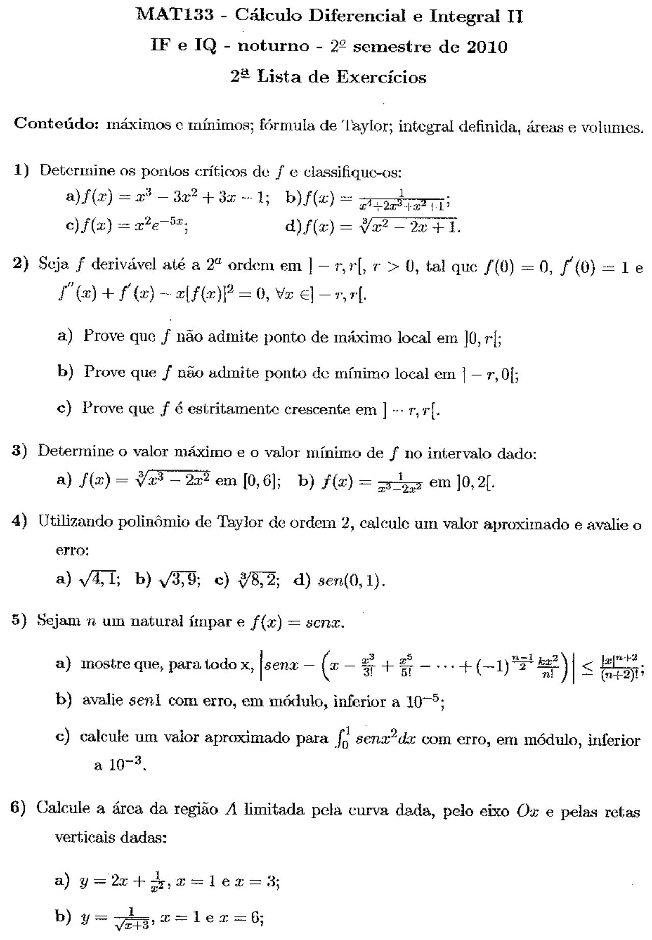 2ªlista exercicios Calculo II - Segunda lista de exercícios de Calculo ...