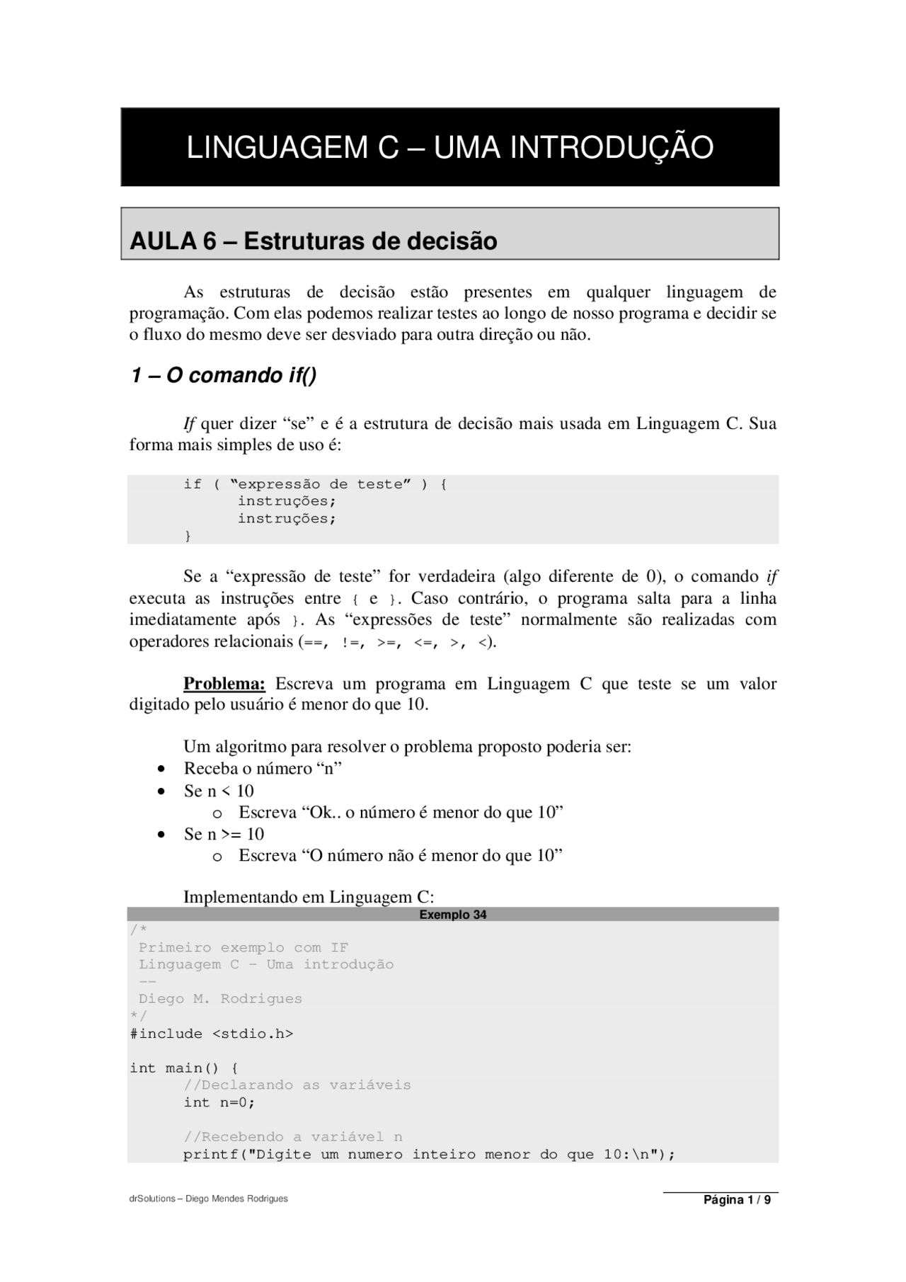 LINGUAGEM C Aula 6 - Linguagem de programação C - Docsity