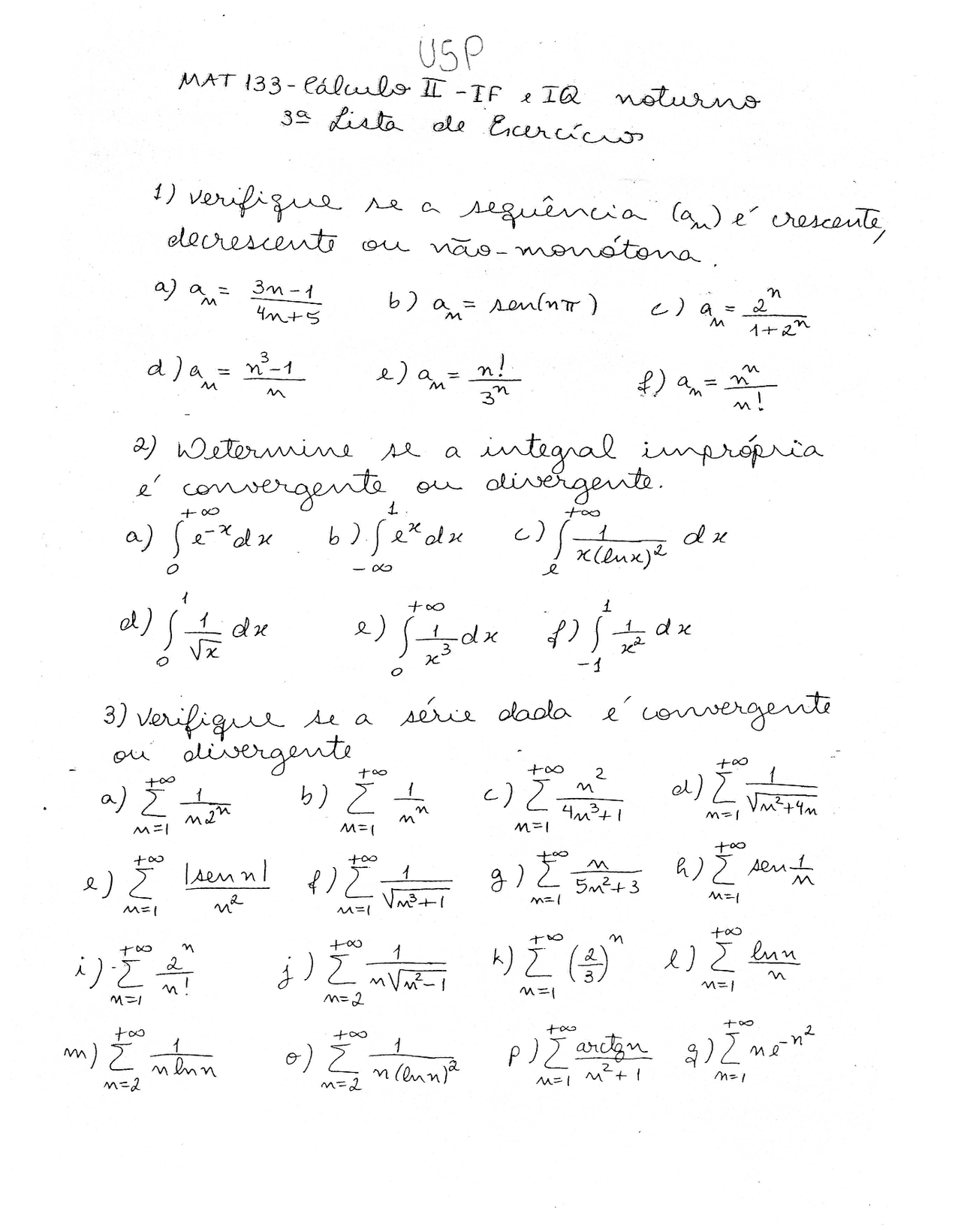 3ª Lista De Exercicios Calculo Ii If Usp 3ª Lista De Exercicios
