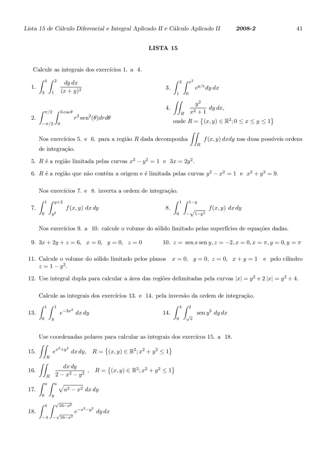 Lista 15 Cálculo Diferencial E Integral 2 Integrais Duplas Lista