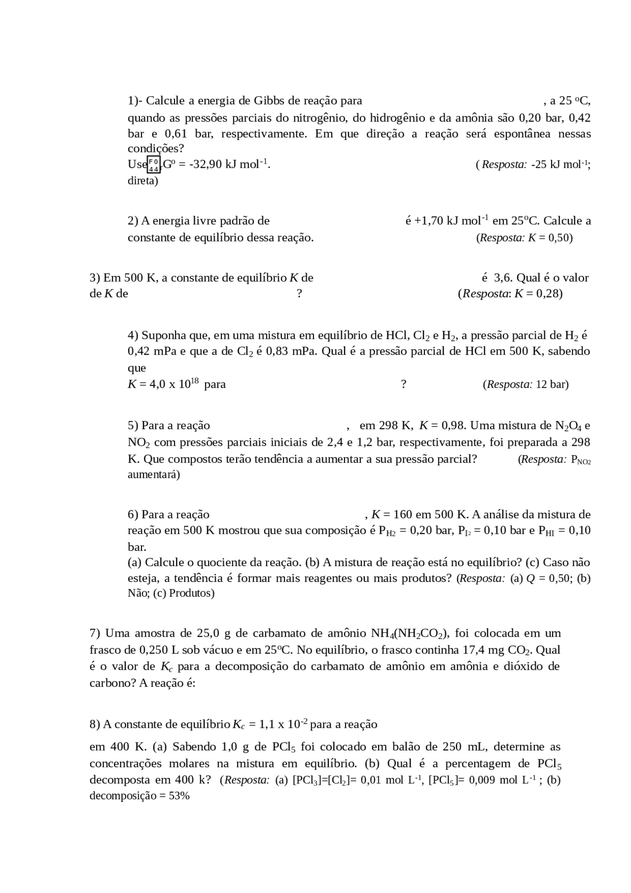 Lista De Exercicios Equilbrio Qumico Exercícios Equilíbrio Químico