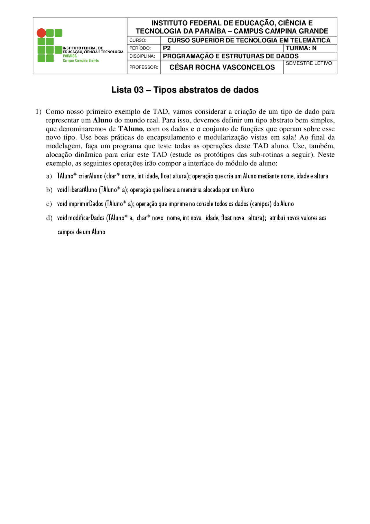 Programação E Estrutura De Dados Tipo Abstrato De Dado Lista De