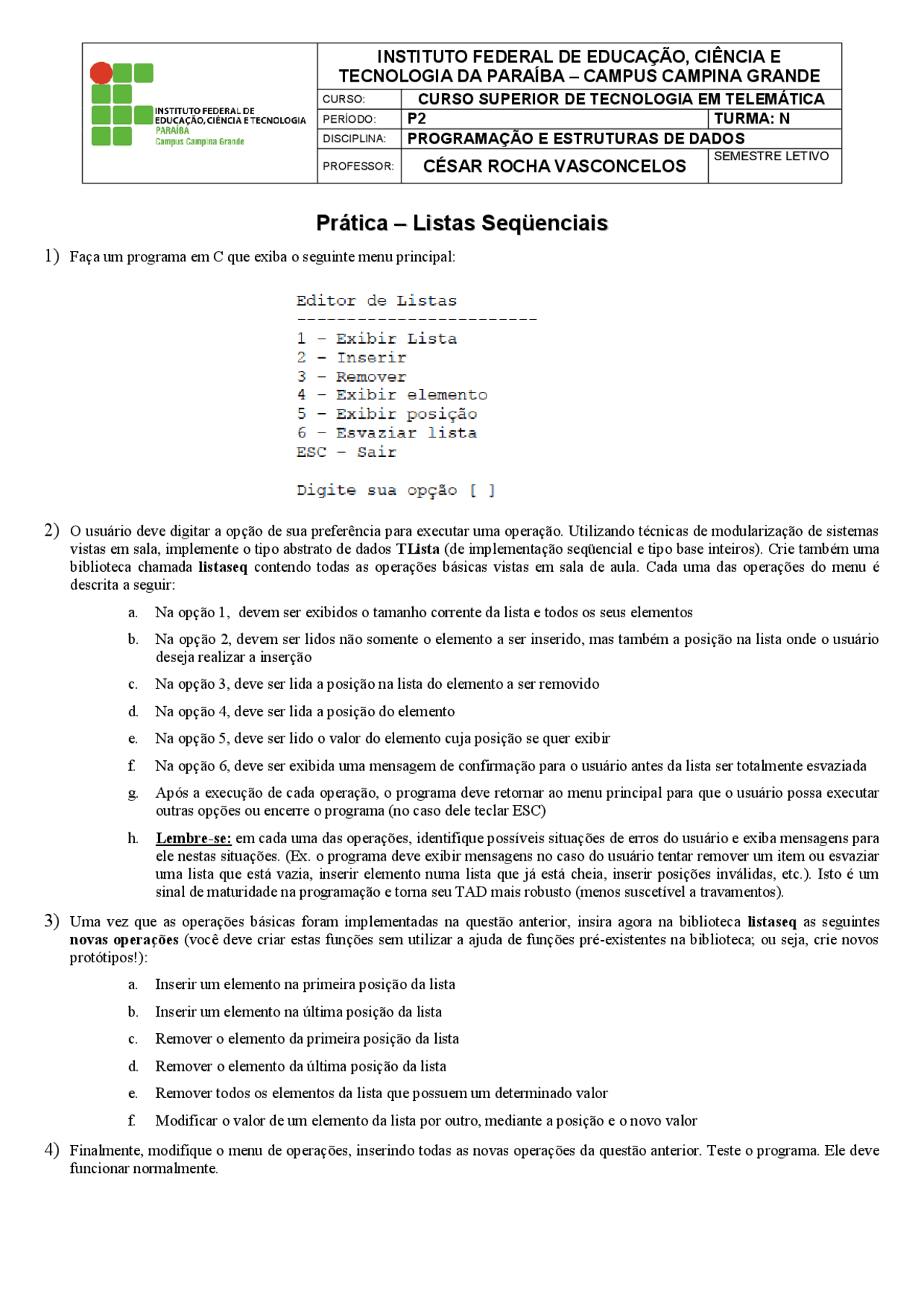 Listas Sequenciais Programação E Estrutura De Dados Lista De