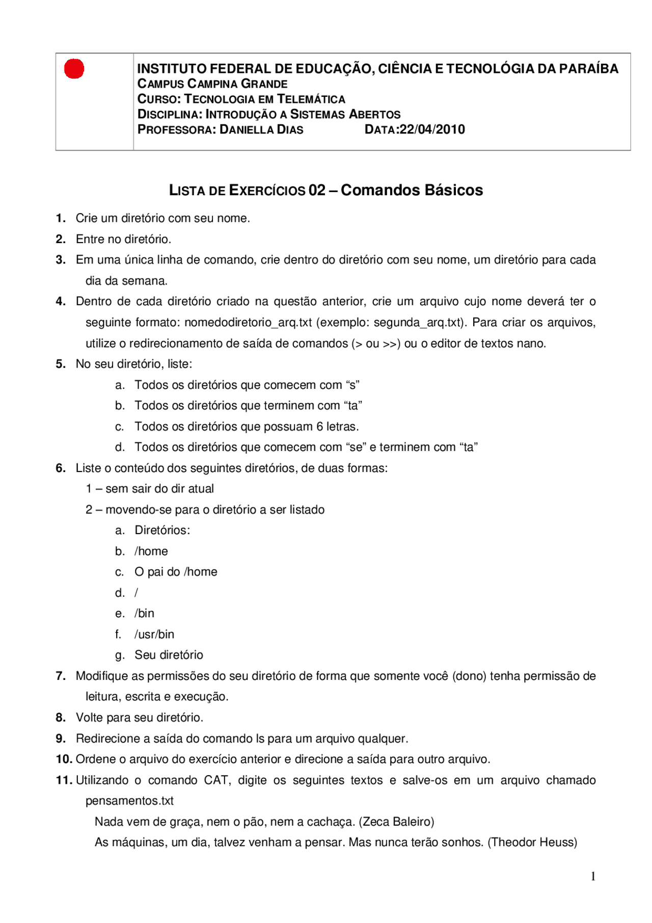 Lista De Exercicios Comandos Basicos02 Lista 02 Introdução à
