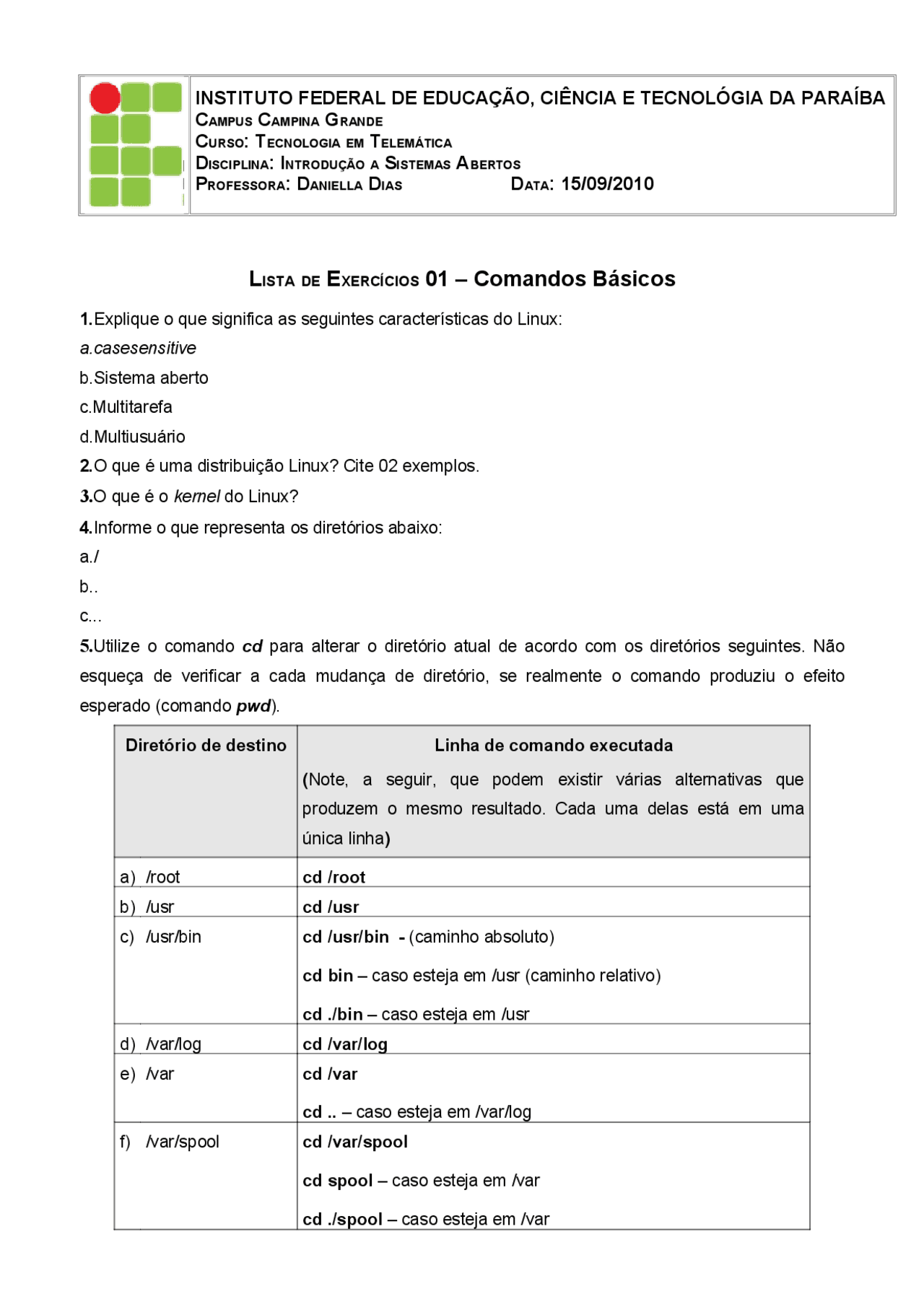 Lista De Exercícios Comandos Basicos Lista 01 Introdução à Sistemas