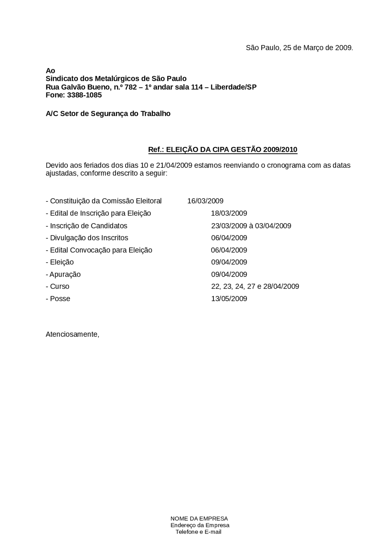 01 - Comunicação ao Sindicato - modelo de documento para CIPA - Docsity
