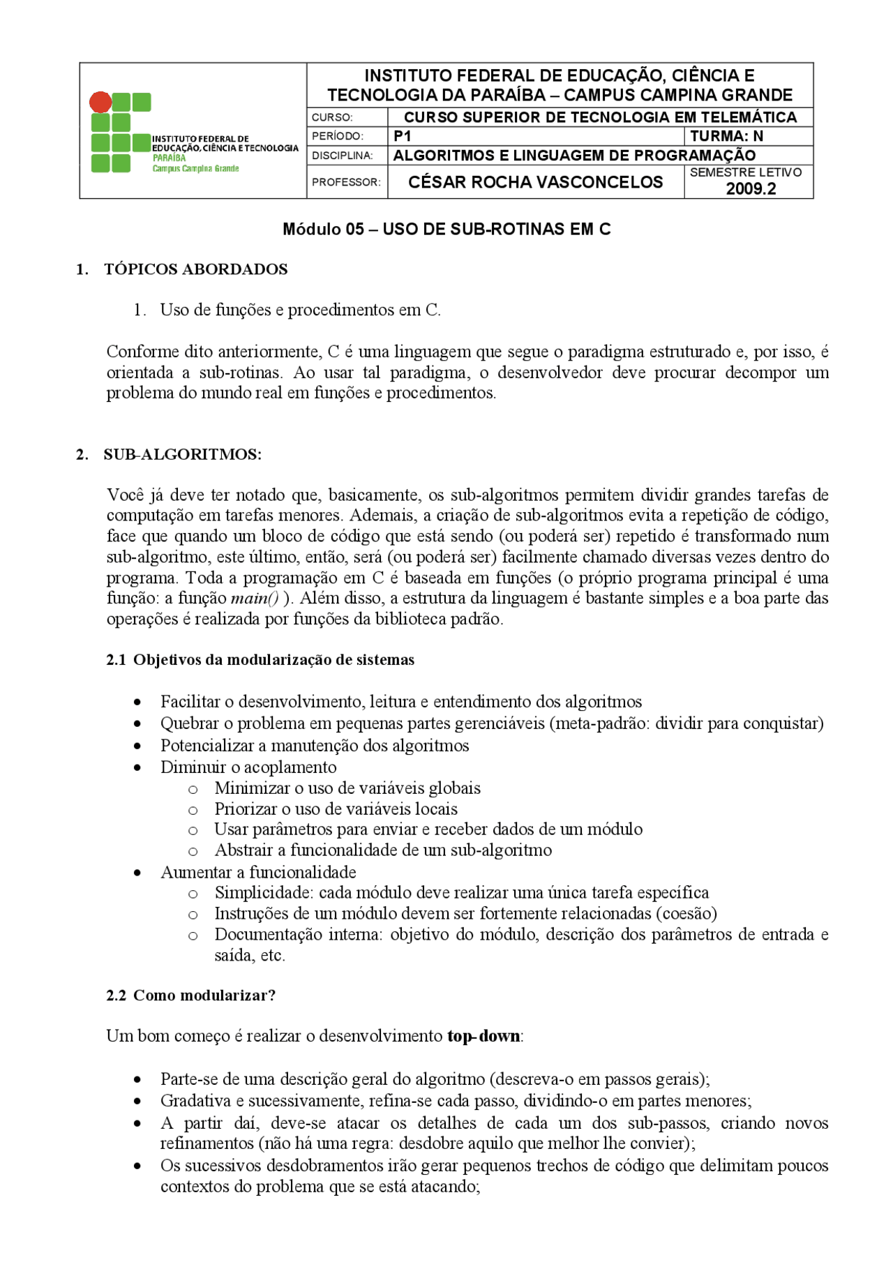 C 05 Linguagem C Logica De Programação E Algoritmos Docsity