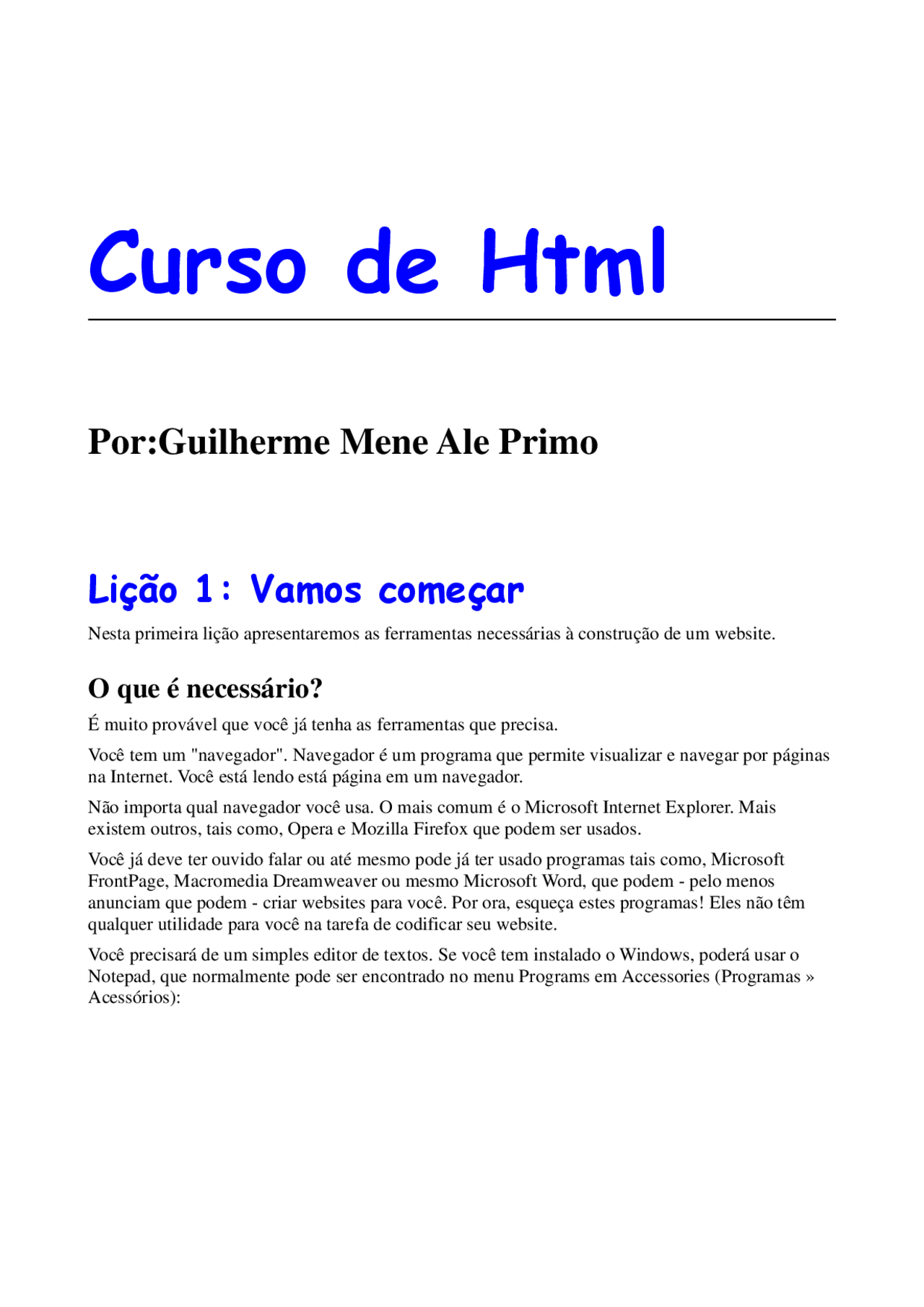 Curso De Html Introdução Ao Html Tags E Web Page Docsity