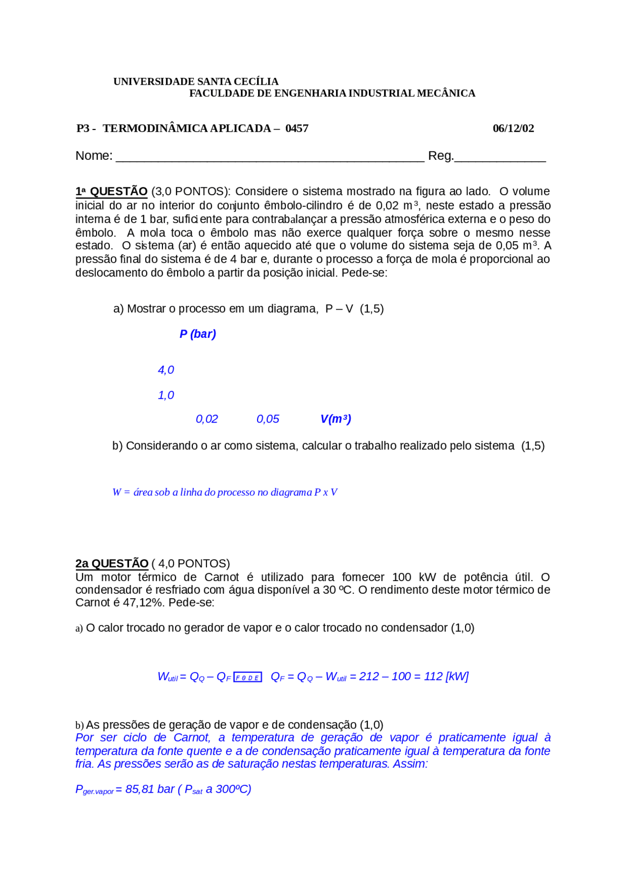 Exercício De Termodinâmica Aplicada Terceira Prova De Termodinâmica