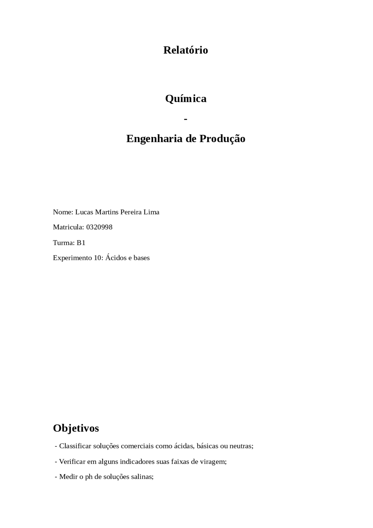 Relatório De Química Experimental Experimento 10 Docsity