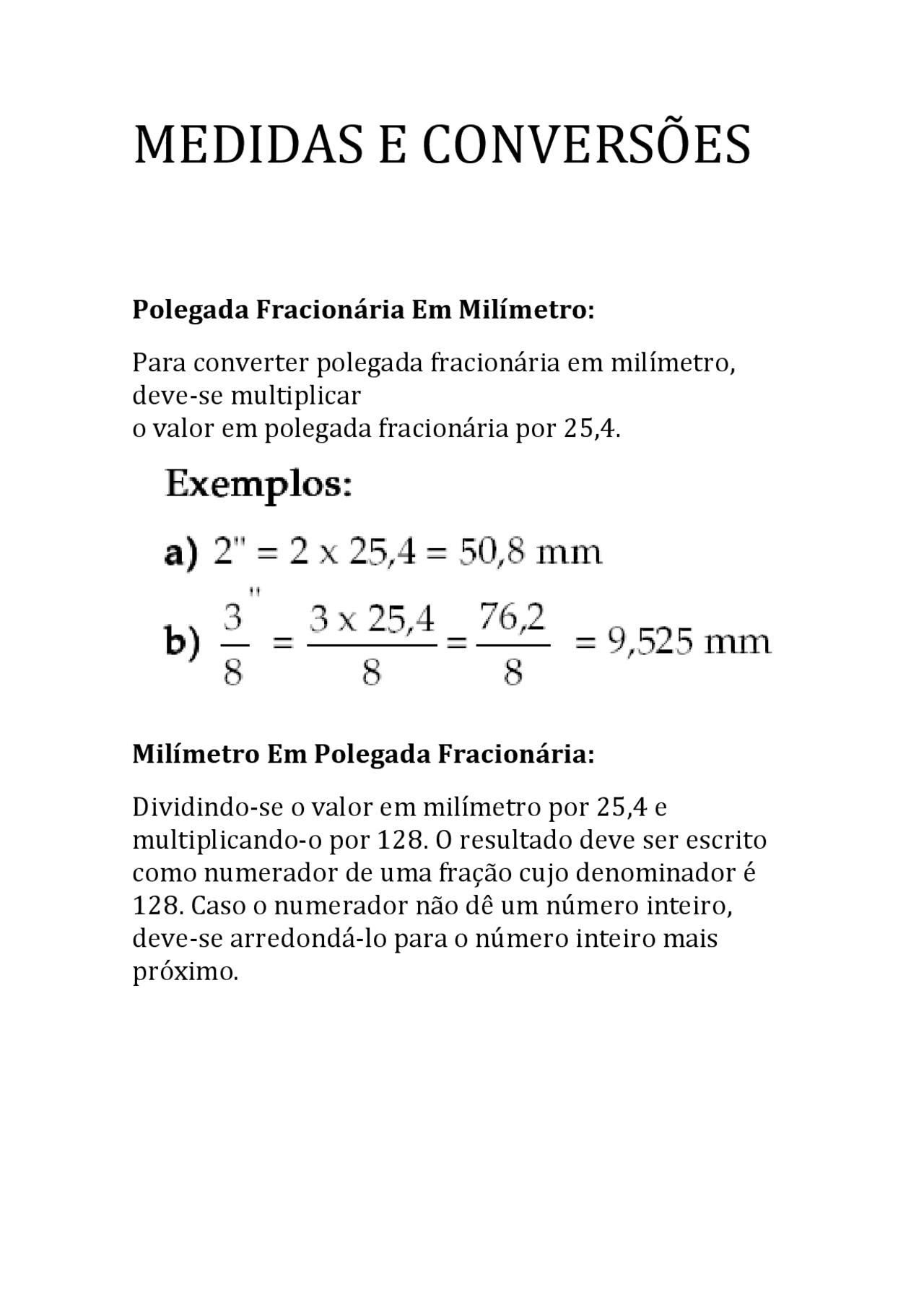 Medidas e conversões - Polegada Fracionária Em Milímetro | Docsity