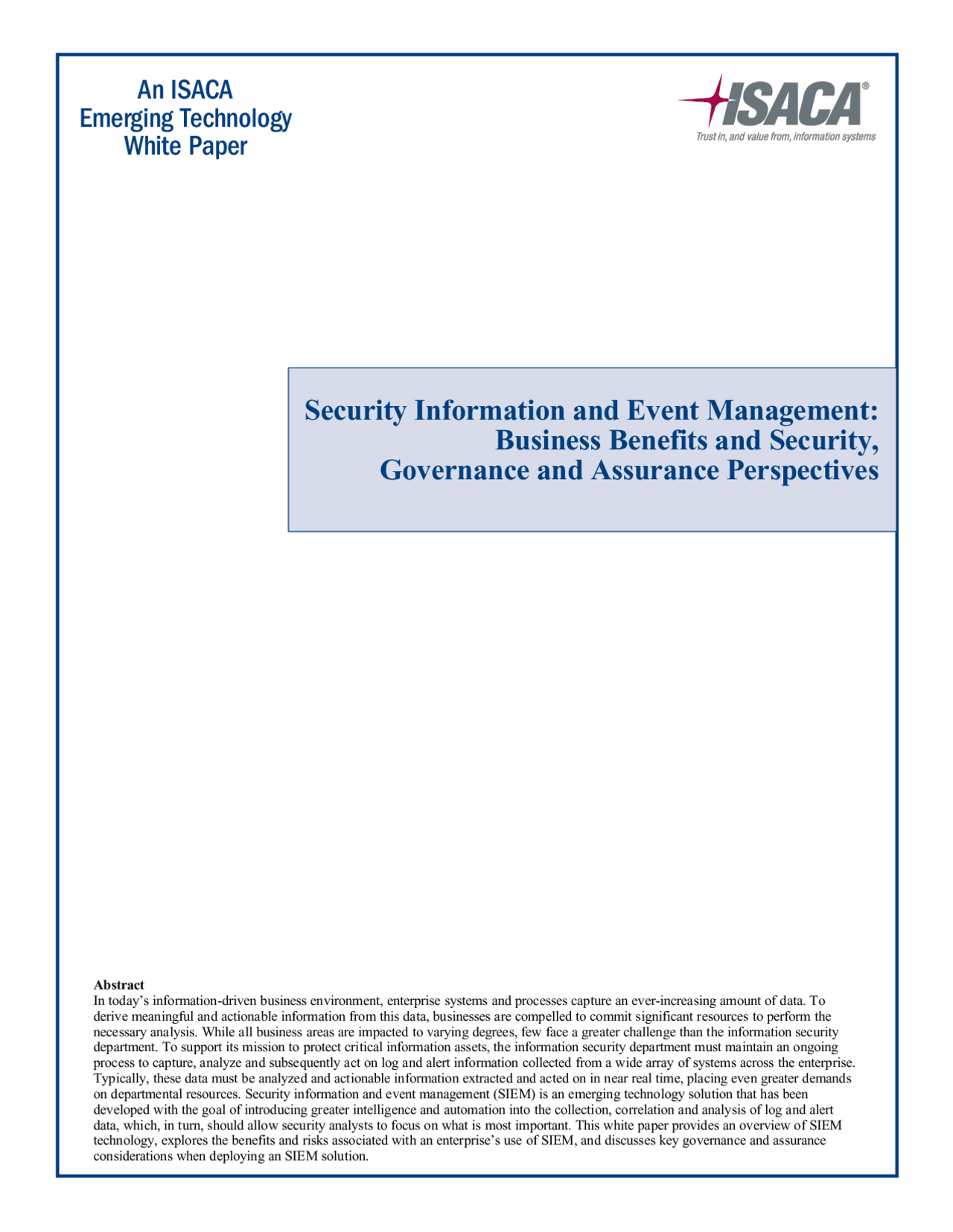 Security Information and Event Management - ISACA - Business Benefits and Security, - Docsity