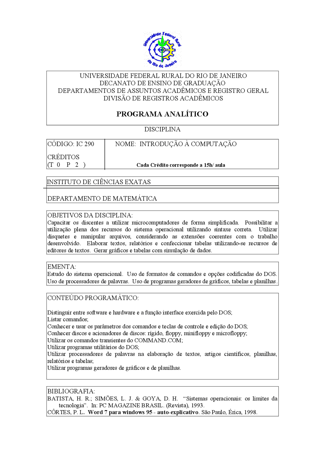 Ementa Introdução à Computação Ic290 Ufrrj Ementa IntroduÇÃo À