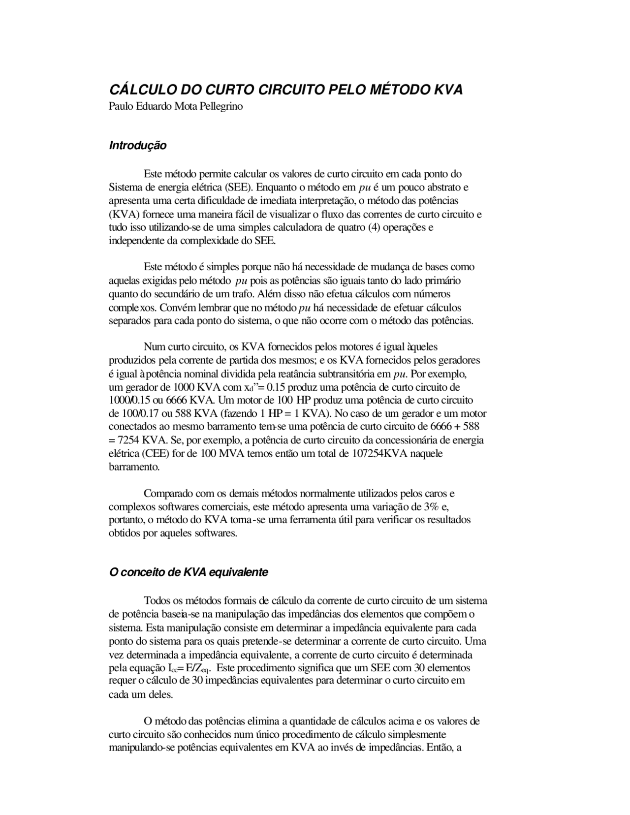Cálculo De Curto Circuito Método Kva Calculo Metodo Kva Docsity