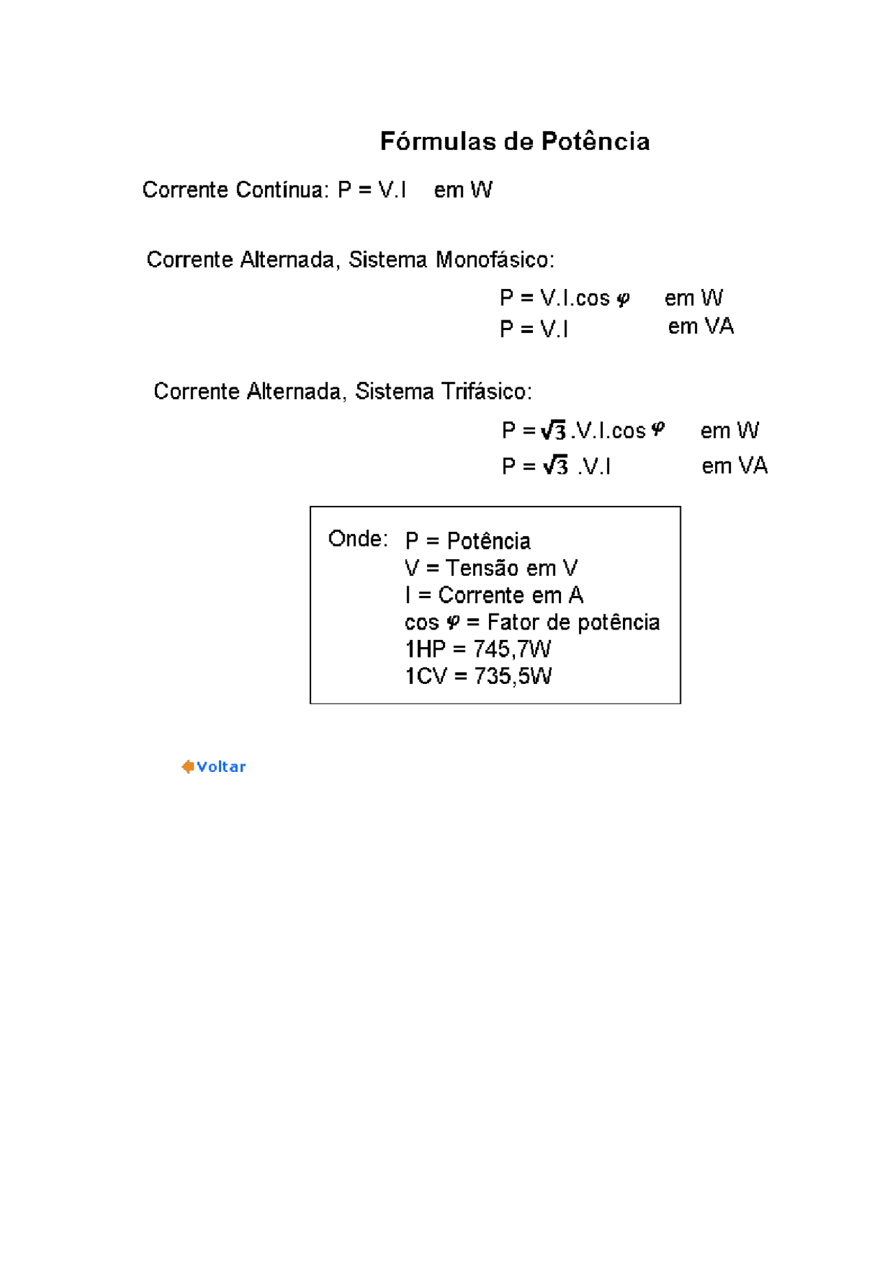 Formulas de potência - Para calcular as potências de corrente contínua ...