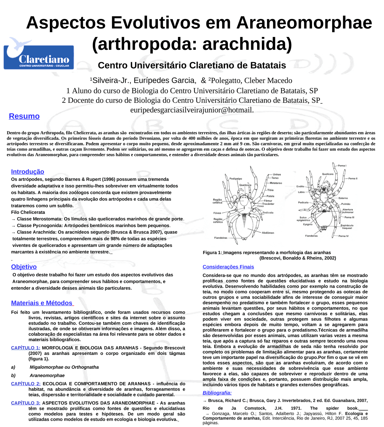 Aspectos Evolutivos em araneomorphae: arthropoda (arachinida ...