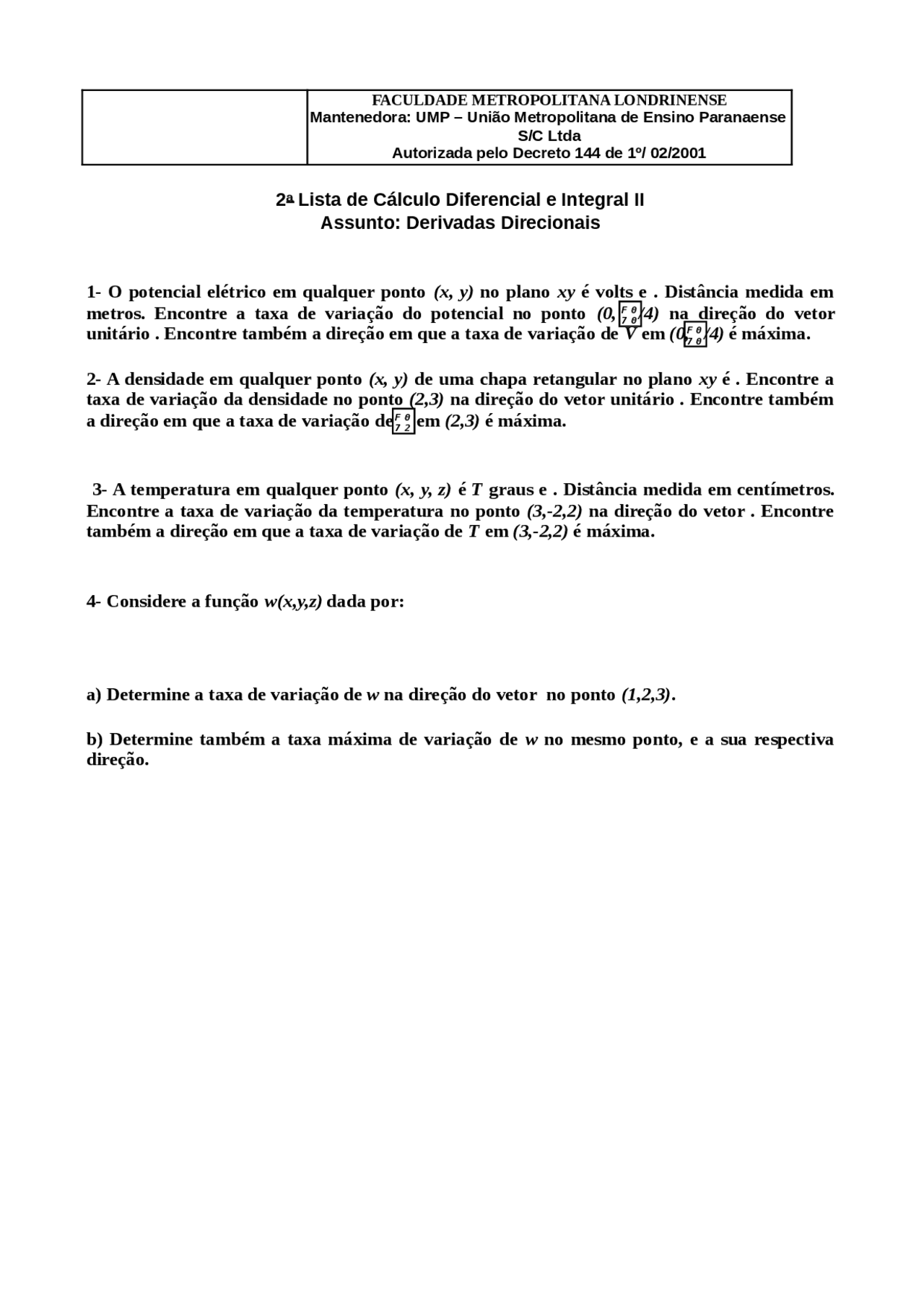 Engenhariaº Semestre 2a Lista De Clculo Diferencial E Integral Ii